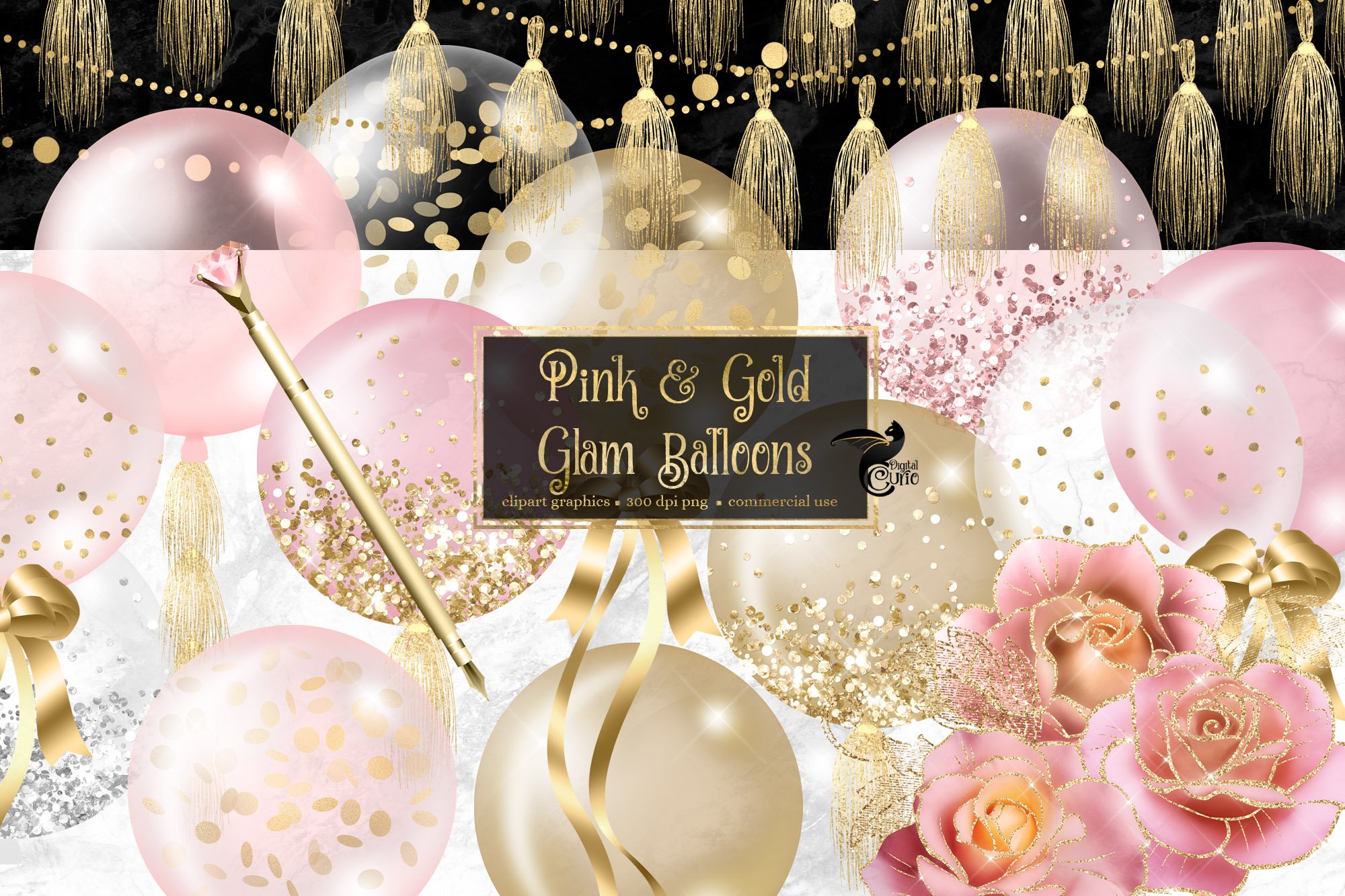 Pink and Gold Glam Balloons Clipart