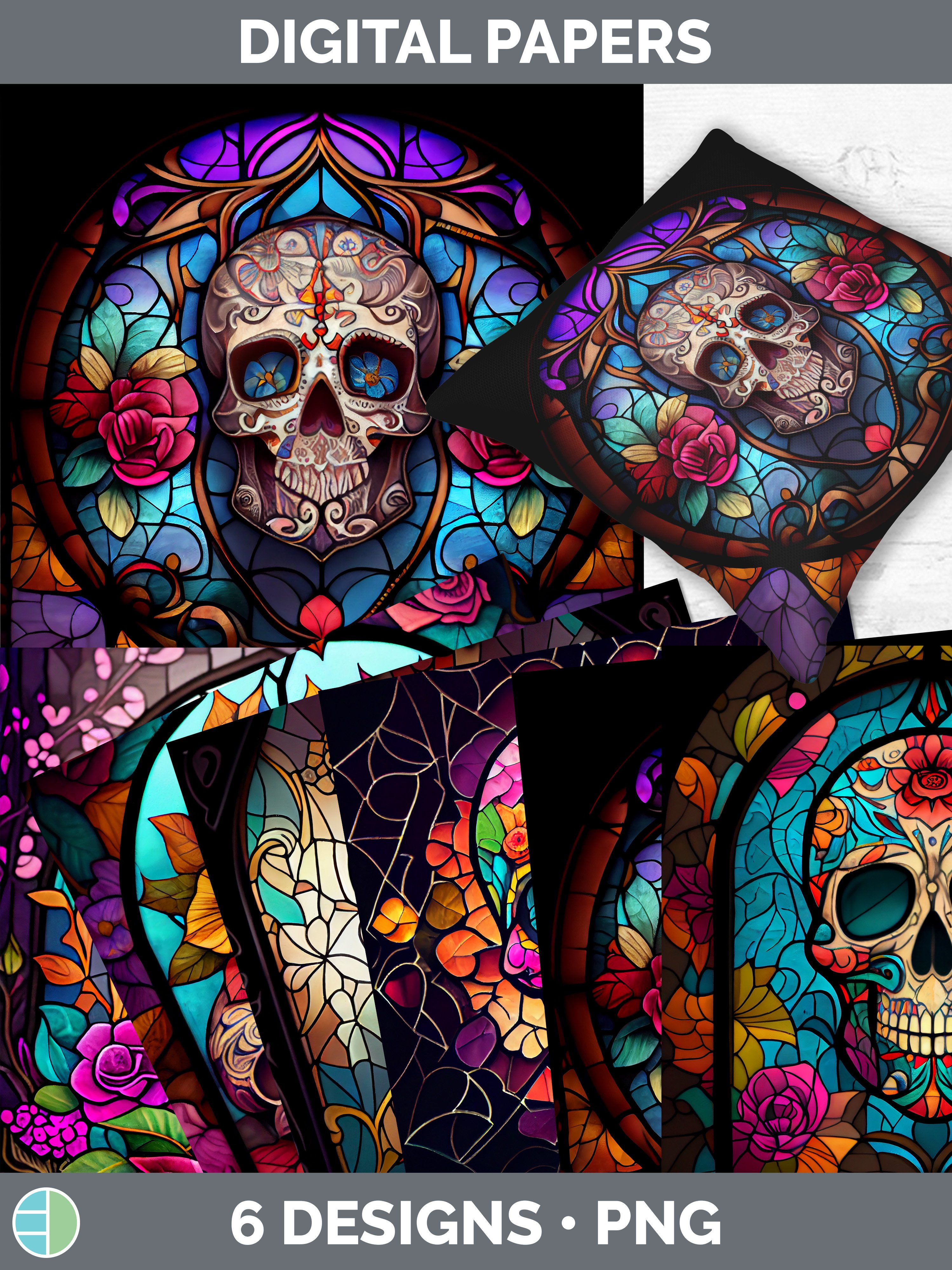 Stained Glass Sugar Skulls Paper Backgrounds | Digital Scrap