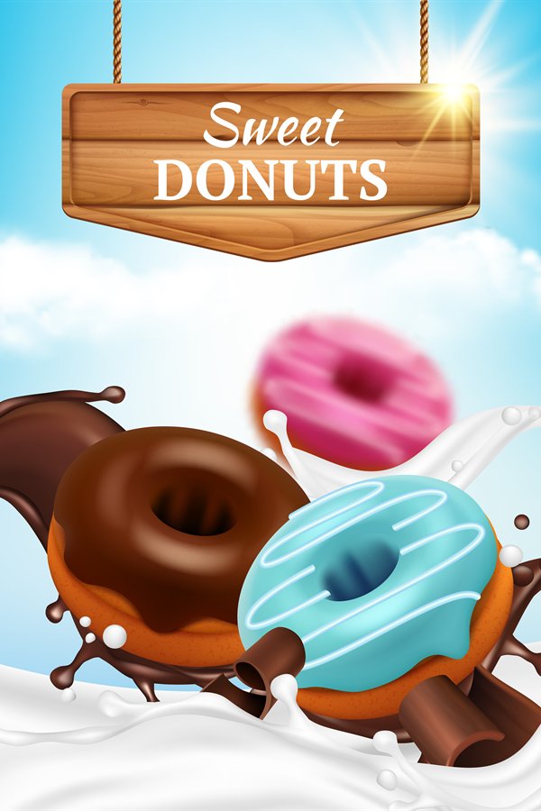 Donuts ads. Bakery tasty delicious round sweet products in c