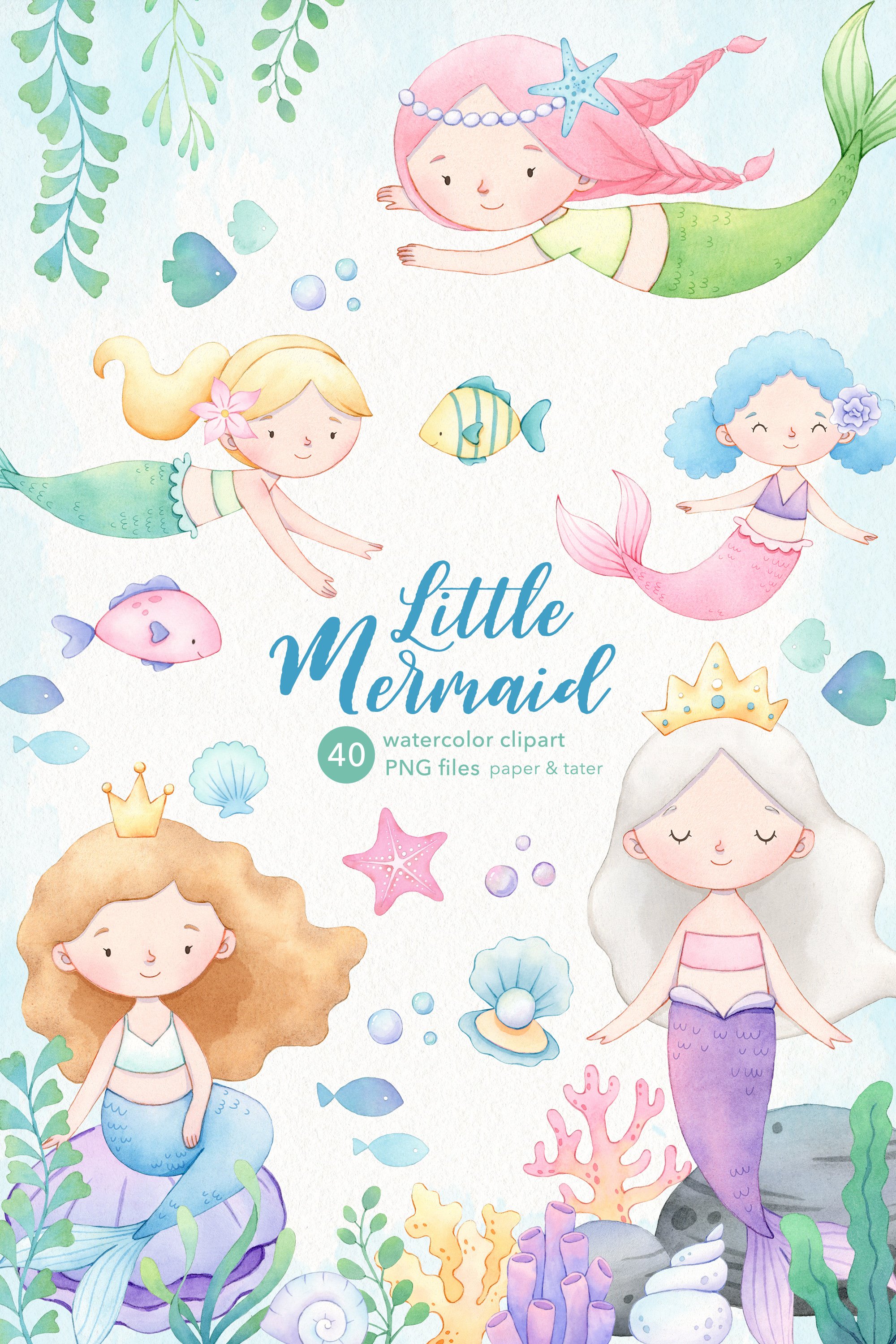 Watercolor Mermaid Clipart, Cute Mermaids PNG
