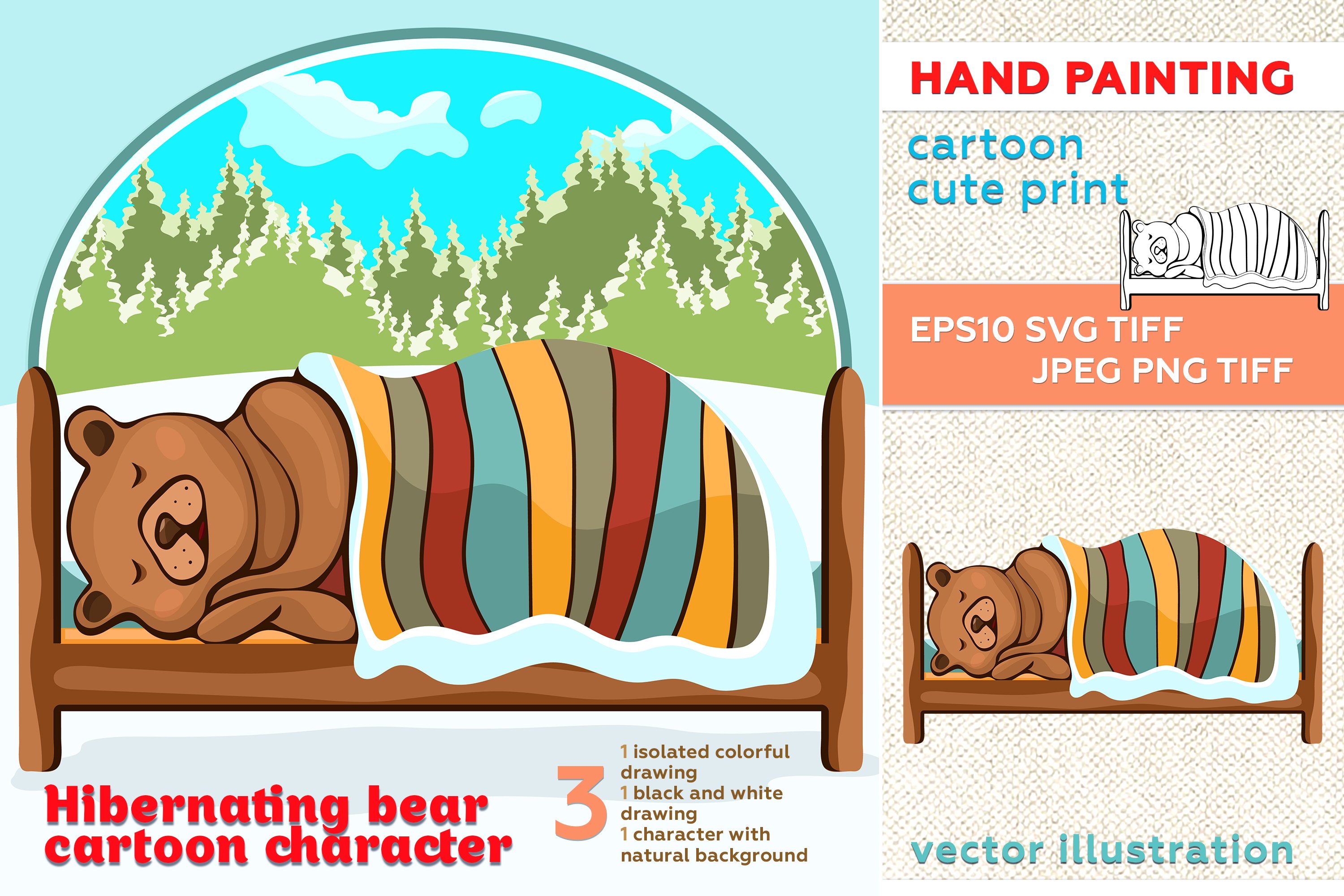 Hibernating bear funny cartoon character, vector illustratio