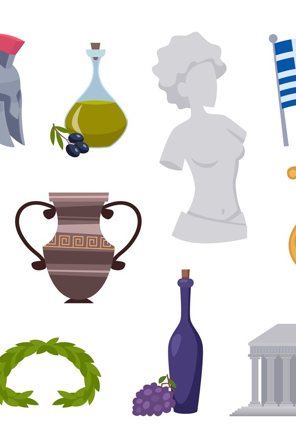 Greece objects. Traditional ancient old greek landmarks and