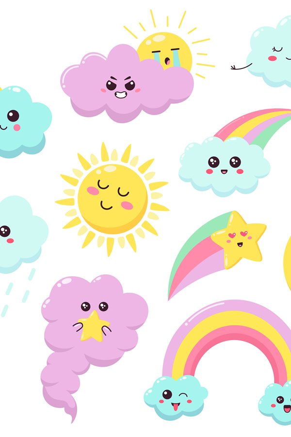 Hand drawn weather phenomena. Cute sun, clouds and rainbow