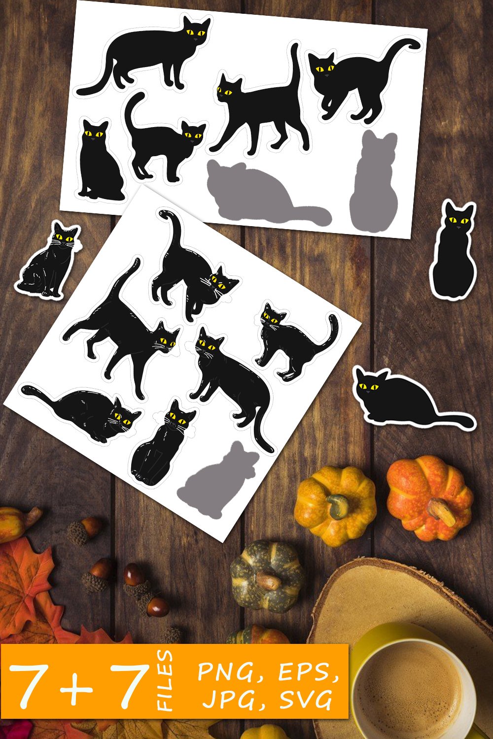 2 sets of black cats stickers in flat and vintage style
