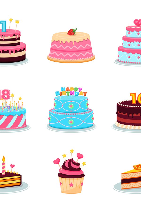 Birthday cakes set. Party cake, anniversary candles cupcake.