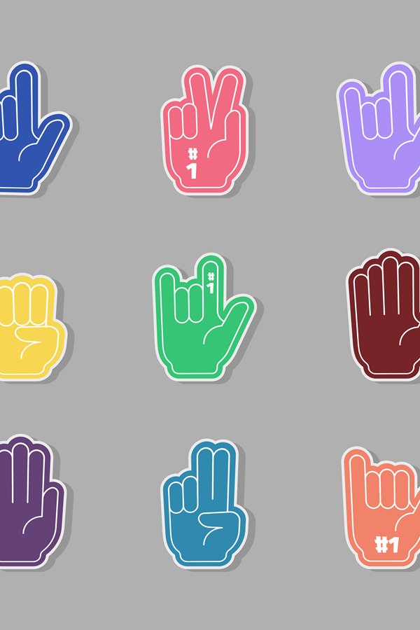 Fans gloves. Colored hands cheering sport fans thumbs up on