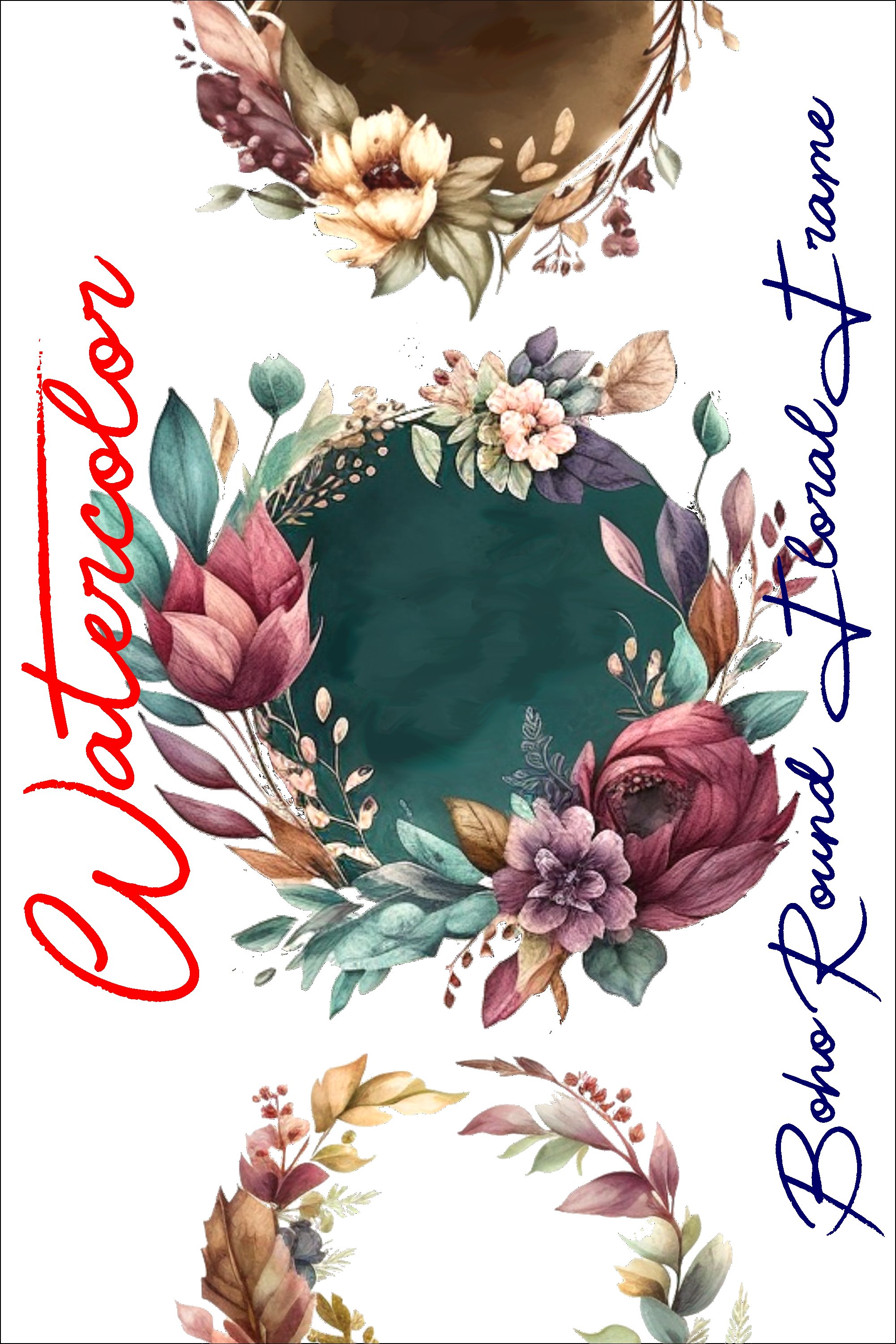 Watercolor boho round floral frame png wedding