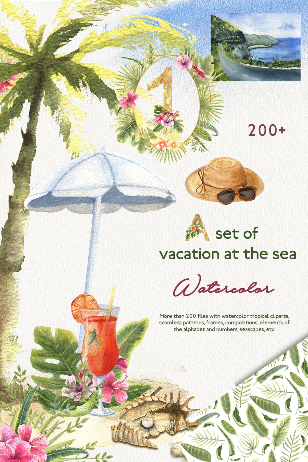 Watercolor set vacation by the sea