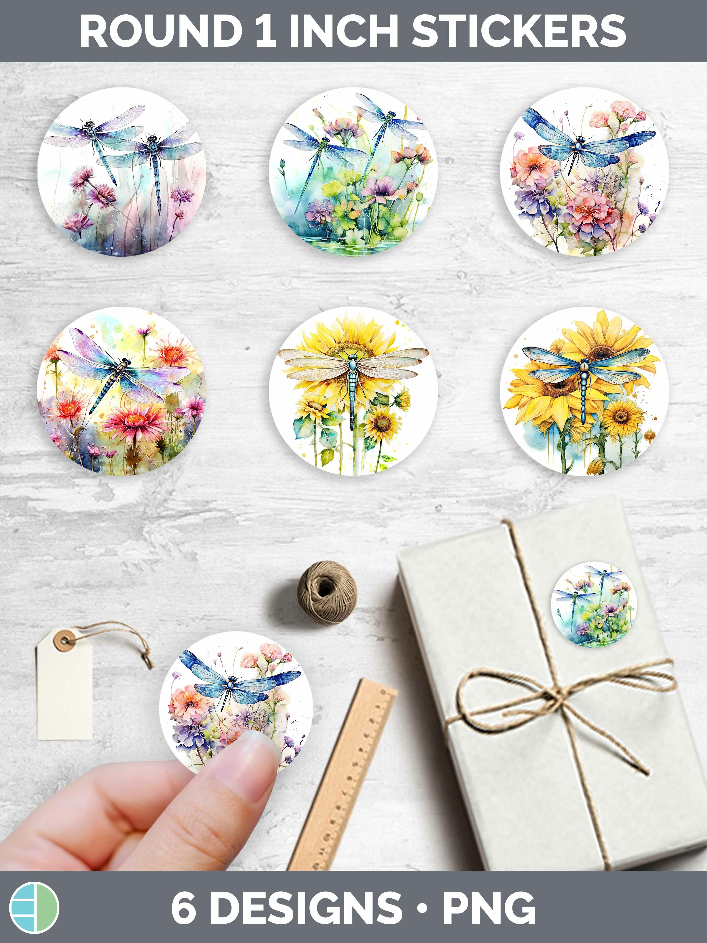 Watercolor Dragonfly Stickers | Round Labels Bundle