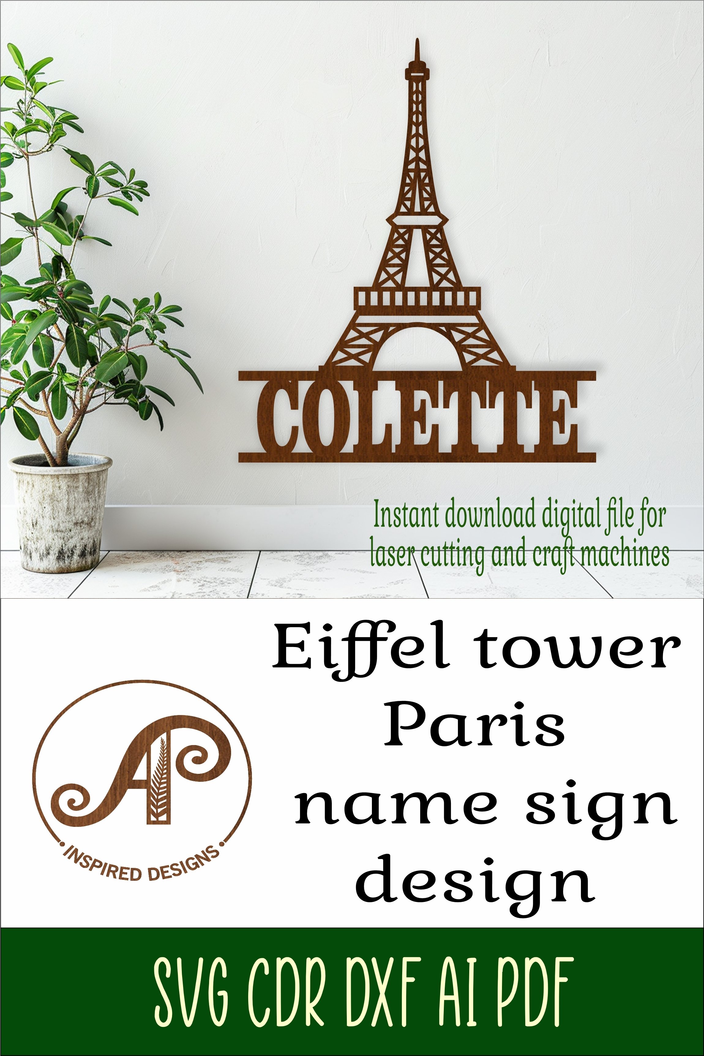 Eiffel tower name sign svg laser cut file