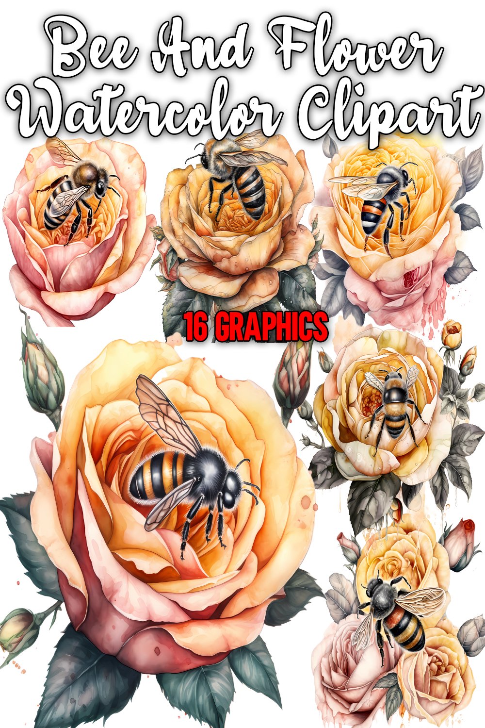 Bee and Flower Watercolor Clipart - 16 Graphics