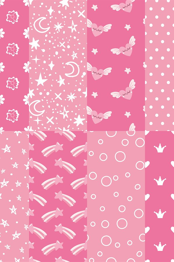 Cute pink seamless patterns. Hand drawn hearts, stars patter