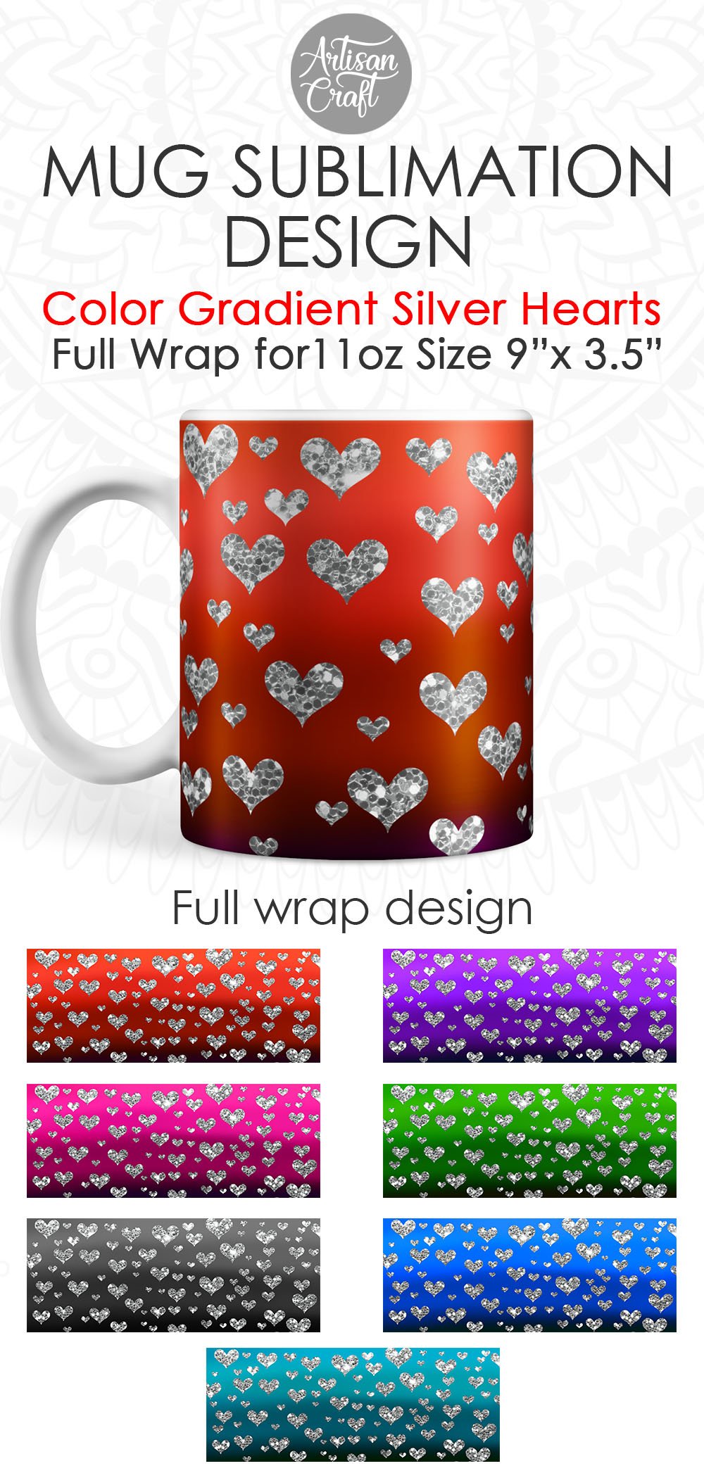 Mug sublimation with color gradient silver glitter heart