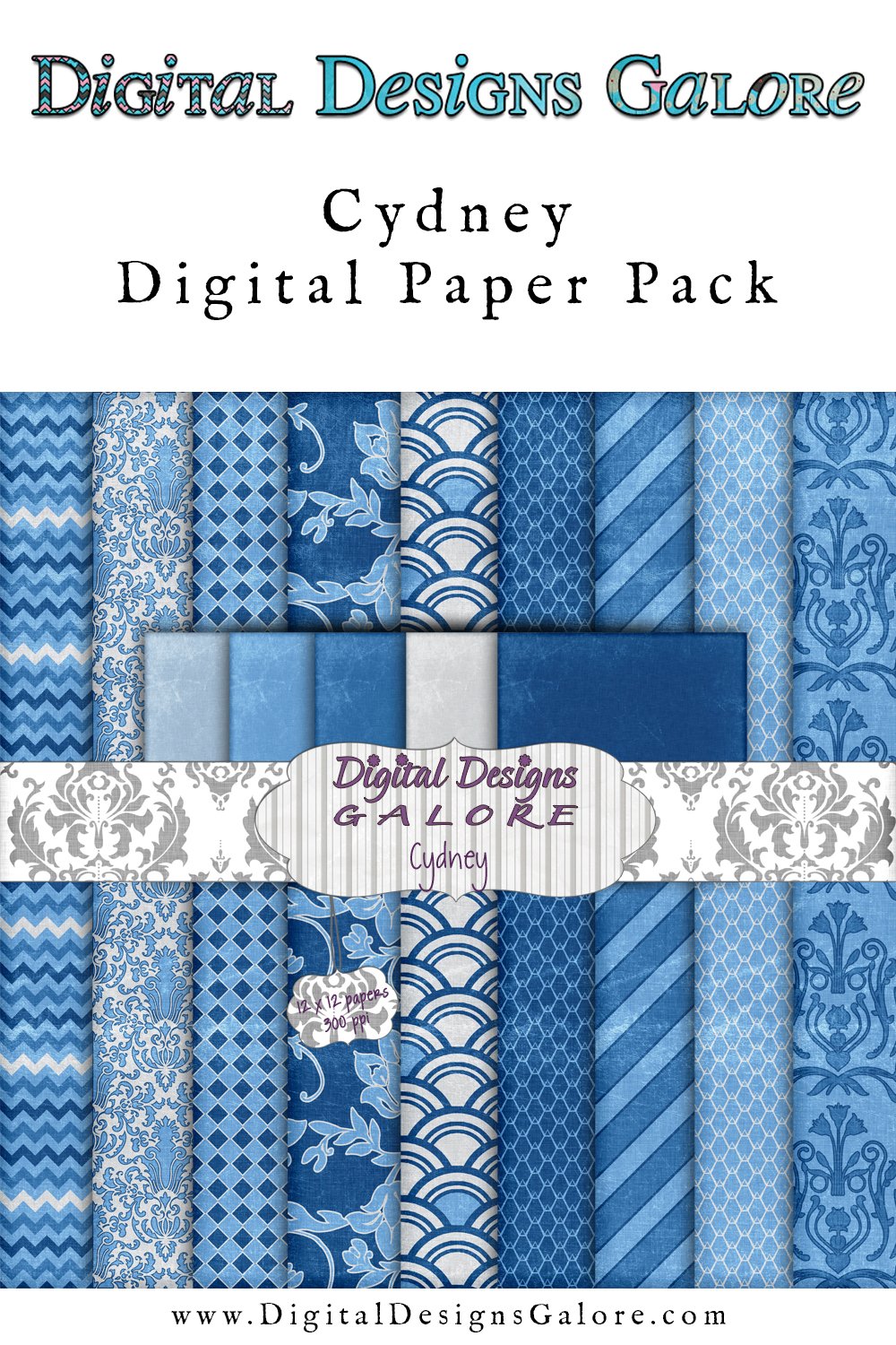Cydney Digital Paper Pack | 14 Blue Digital Craft Papers
