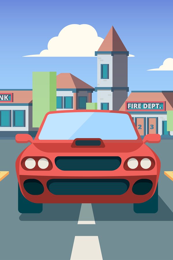 Urban car front view. City background with buildings on land