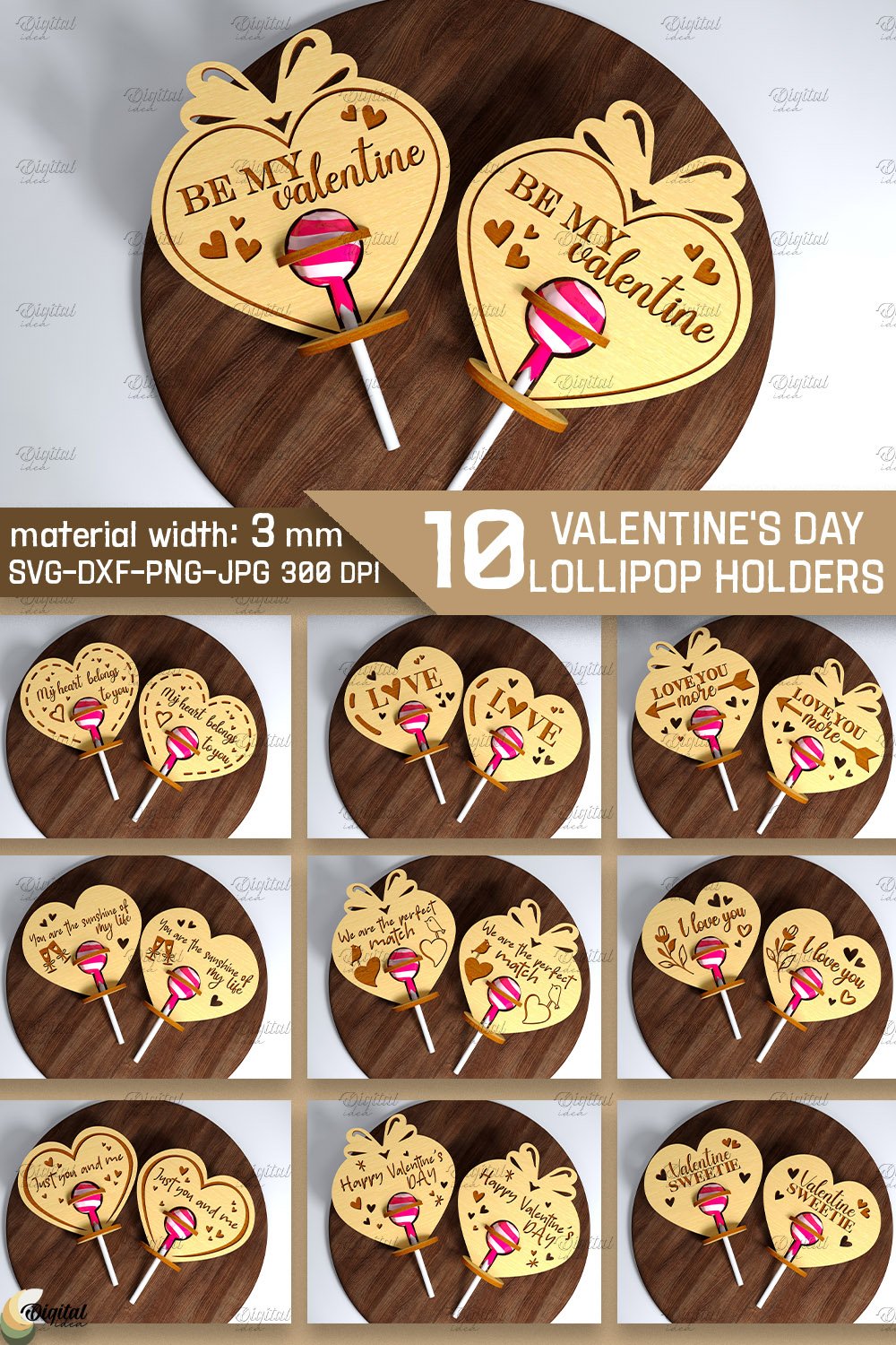 Valentine's Day lollipop holders bundle. 3D heart laser cut