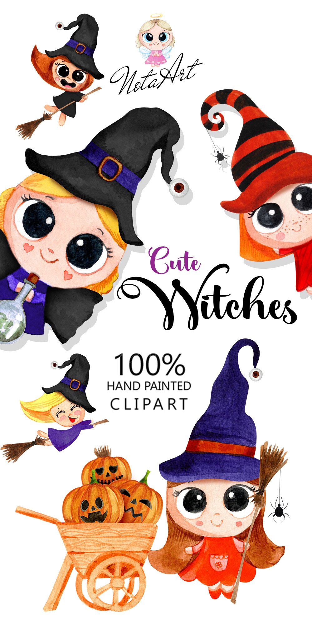 Watercolor Clipart cute Witches, Halloween Clipart