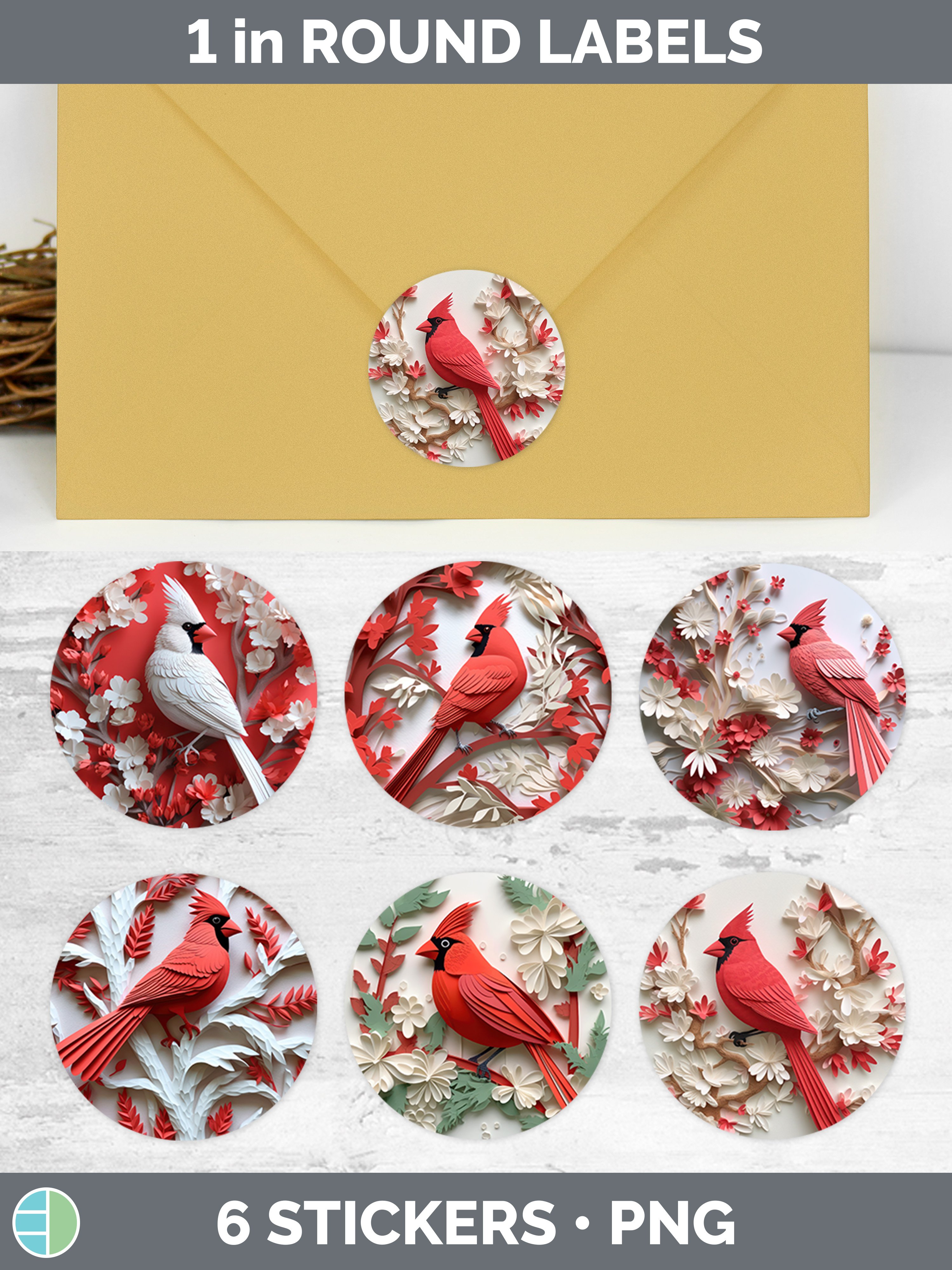 3D Paper Cardinal Bird Stickers | Round Labels Designs Bundl