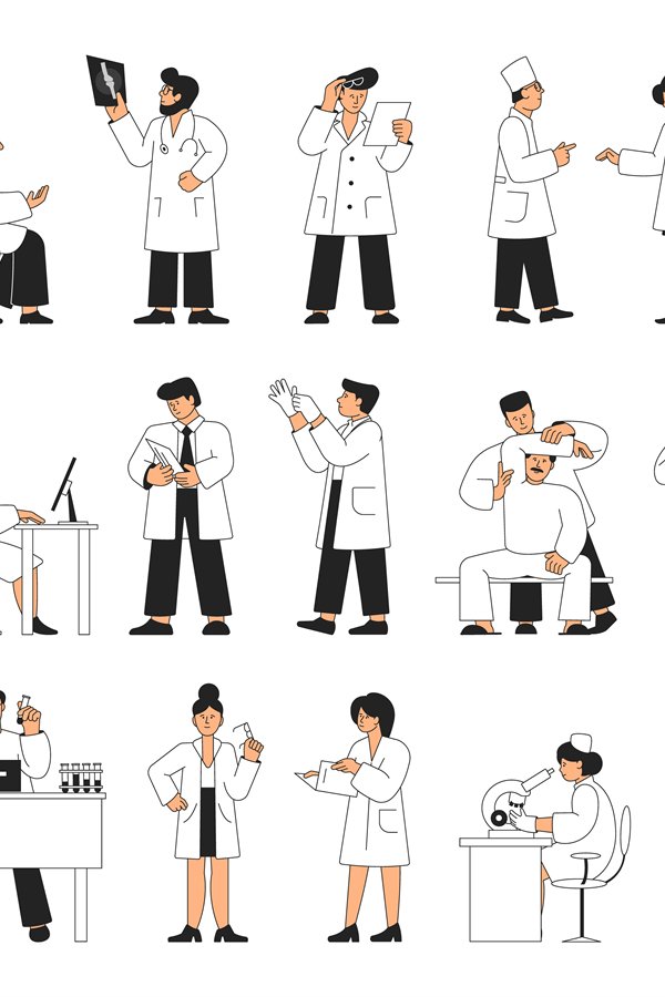 Doctors and nurses. Isolated medical group, people in white