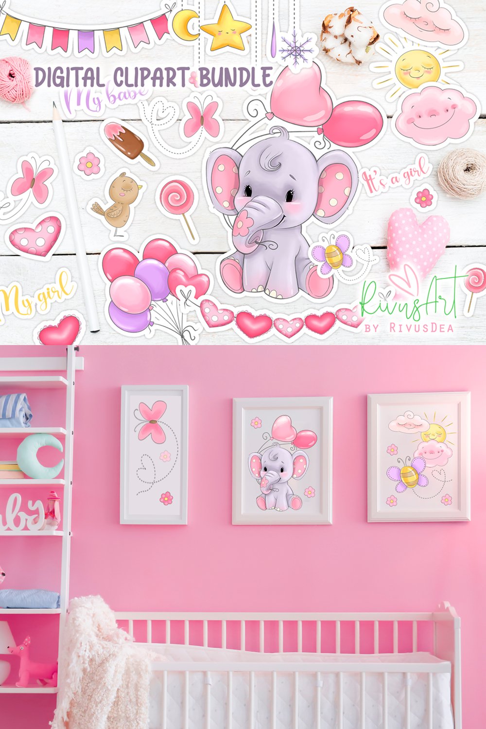 Baby elephant clipart bundle. Girl baby shower graphics.