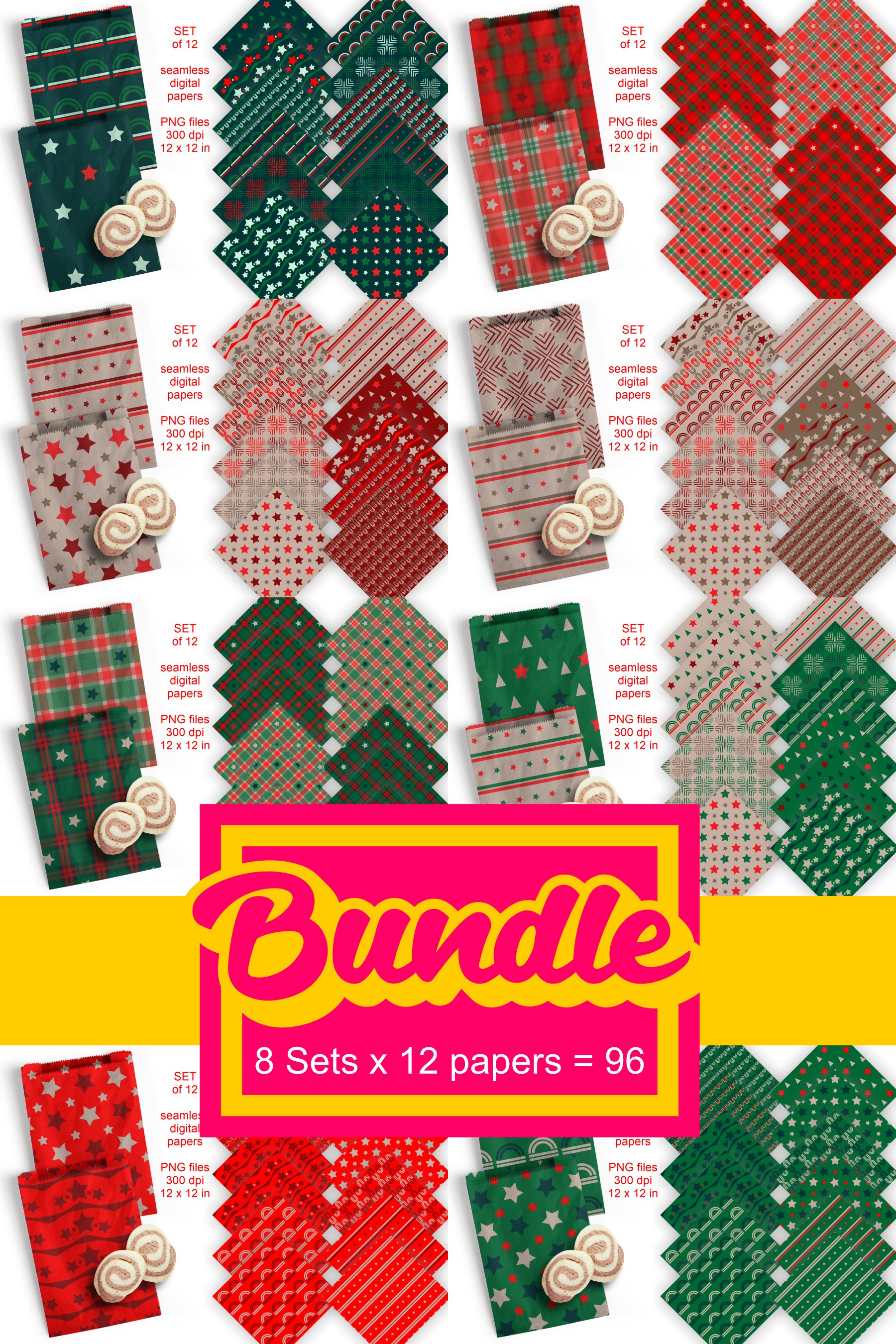 Christmas Bundle Seamless Patterned Papers 8 Sets x 12 PNG