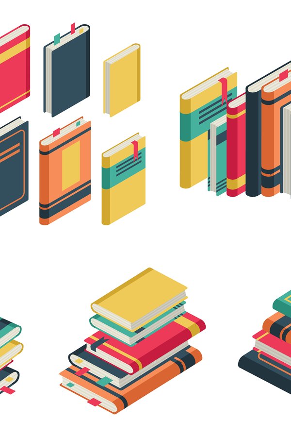 Isometric book set. Books school library publishing dictiona