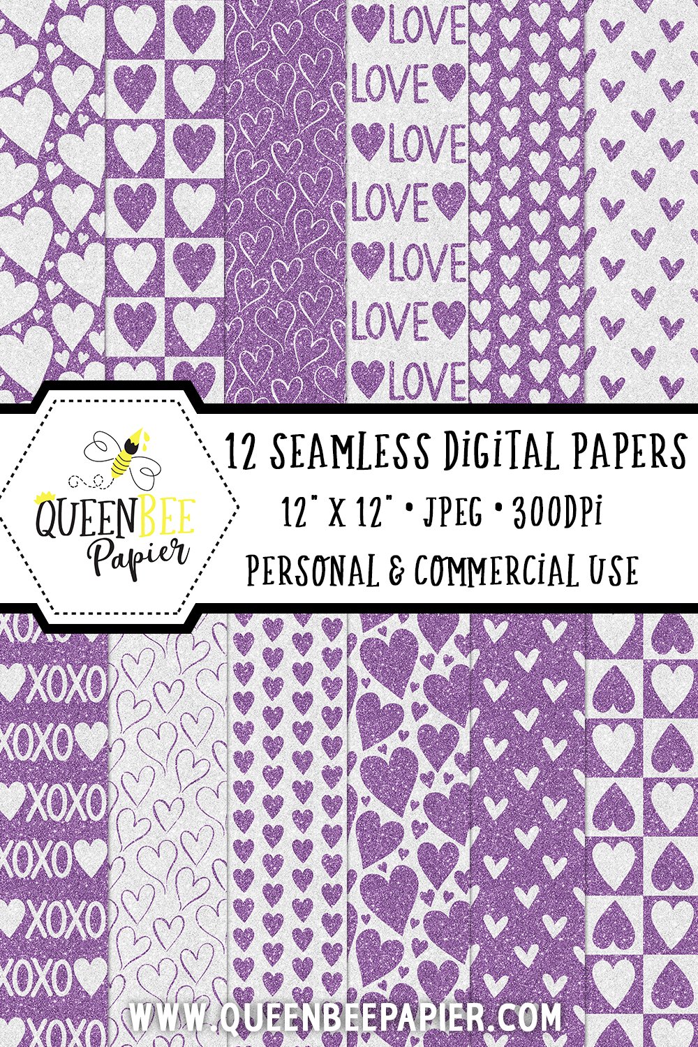 Black & White Glitter Heart Digital Paper Pack