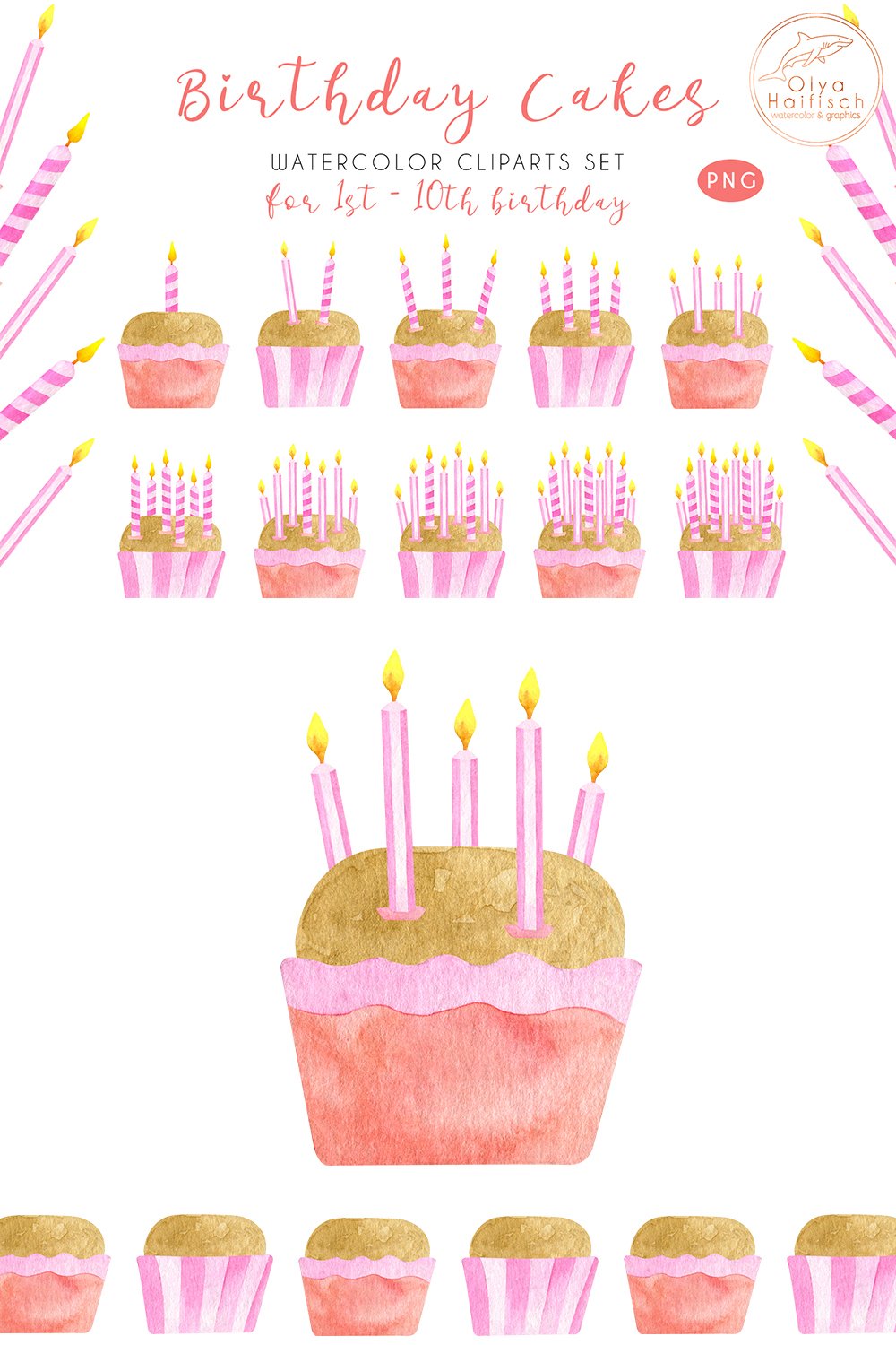 Watercolor Birthday Cakes with Candles Cute Clipart Set