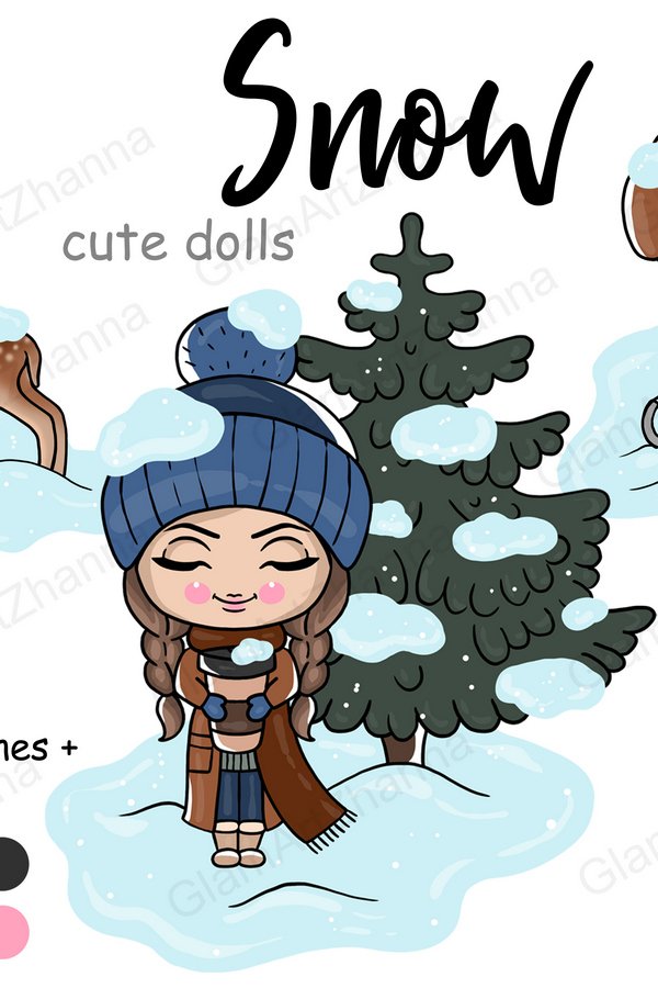 Snow CUTE DOLLS Christmas Snowy Holiday Clipart PNG Files