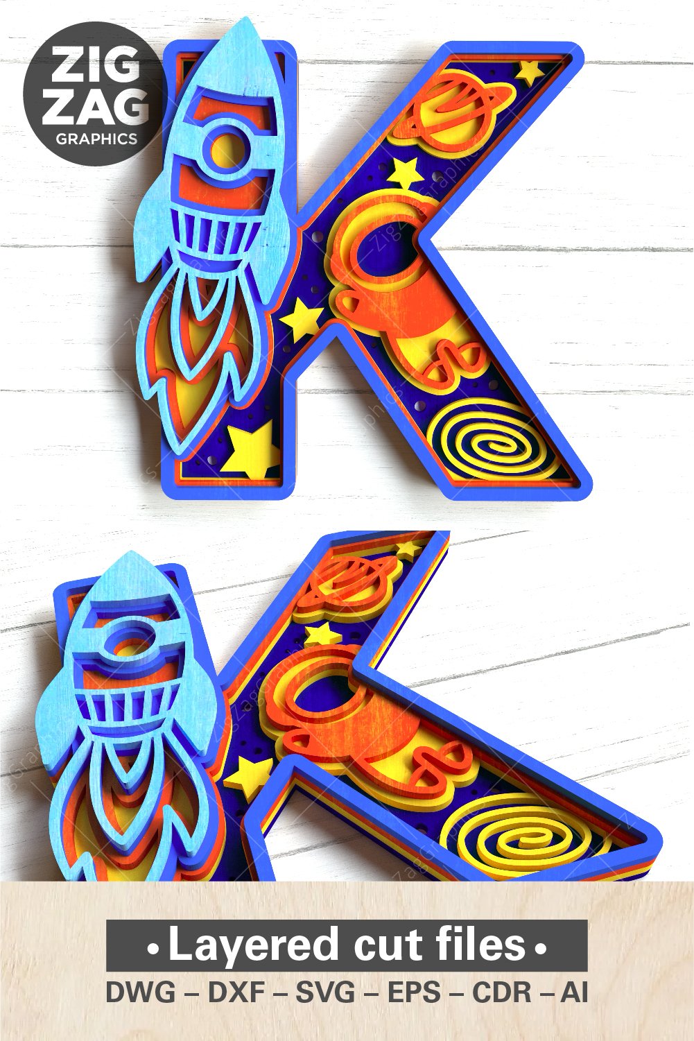 layered kids letter K with space rocket astronaut and stars
