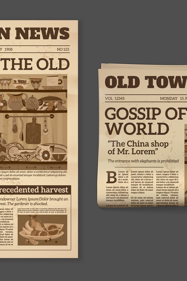 Old newspaper. Vintage magazine front page mockup. Two reali