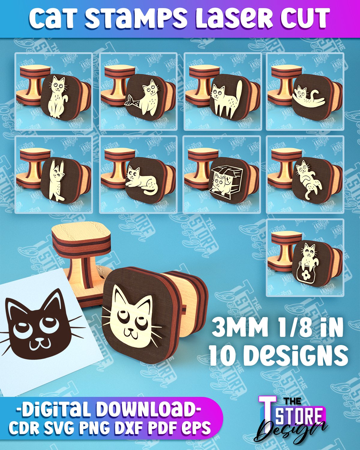Cat Stamps Laser Cut | Customizable Cat Digital Stamp Laser