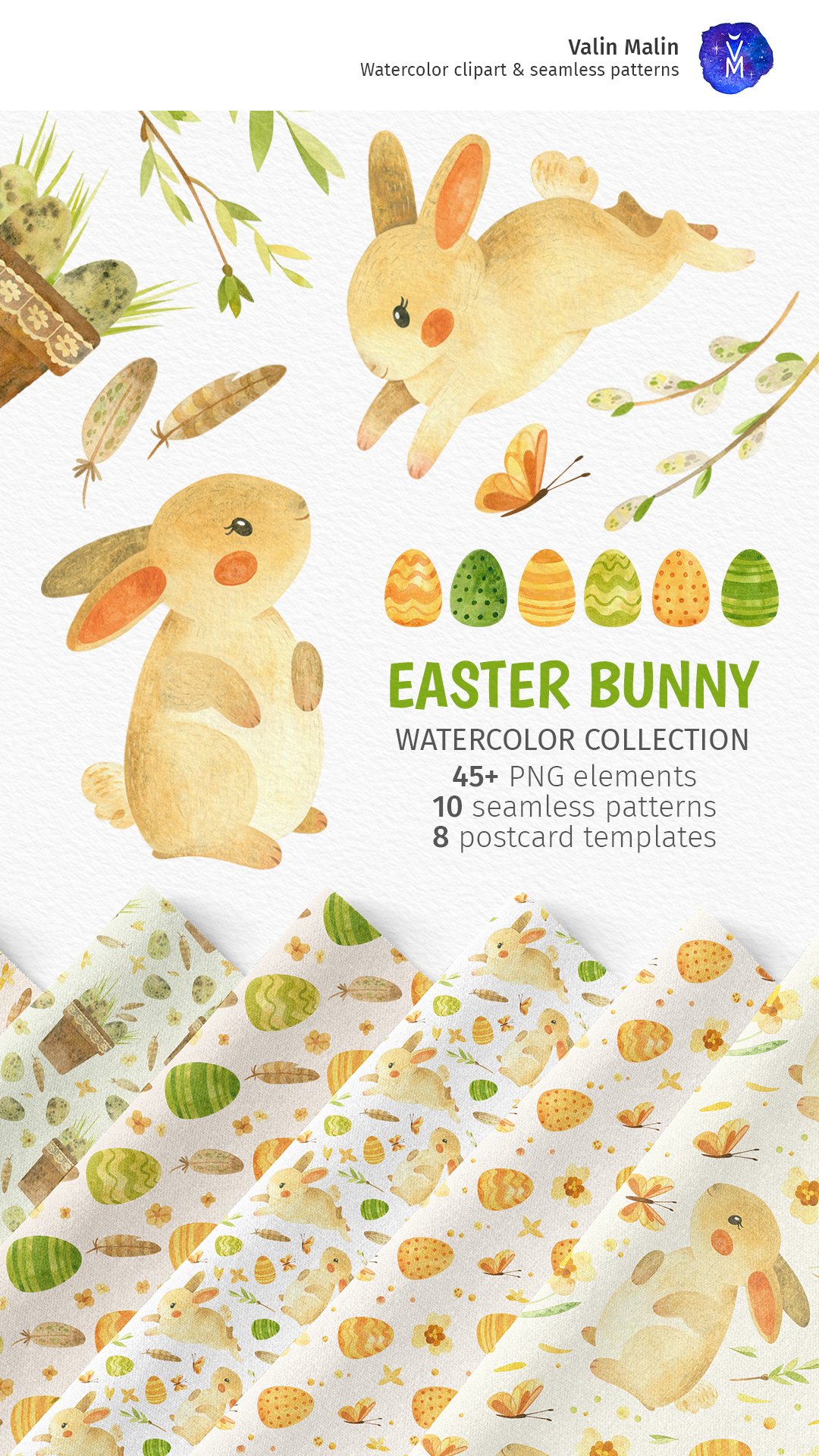 Easter Bunny clipart, seamless patterns, card templates