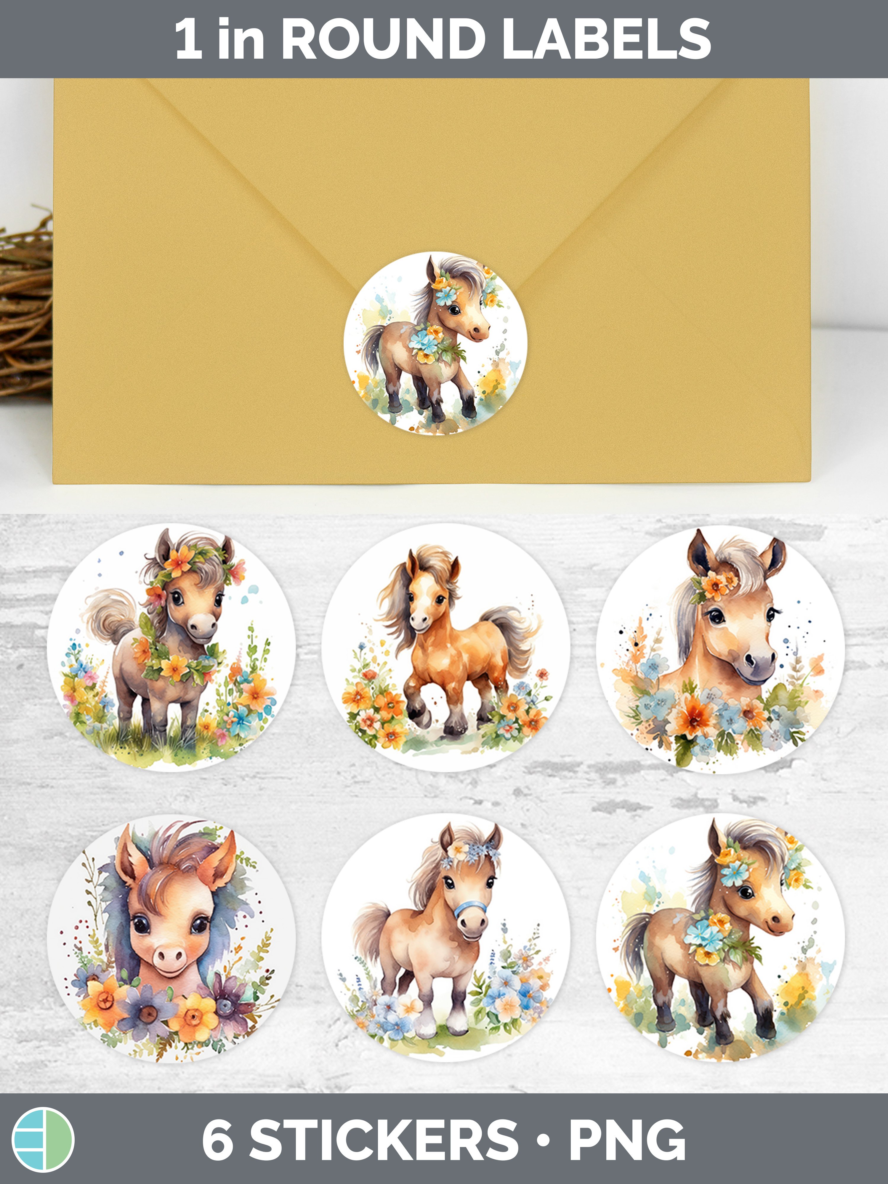 Watercolor Horse Stickers | Round Labels Designs Bundle