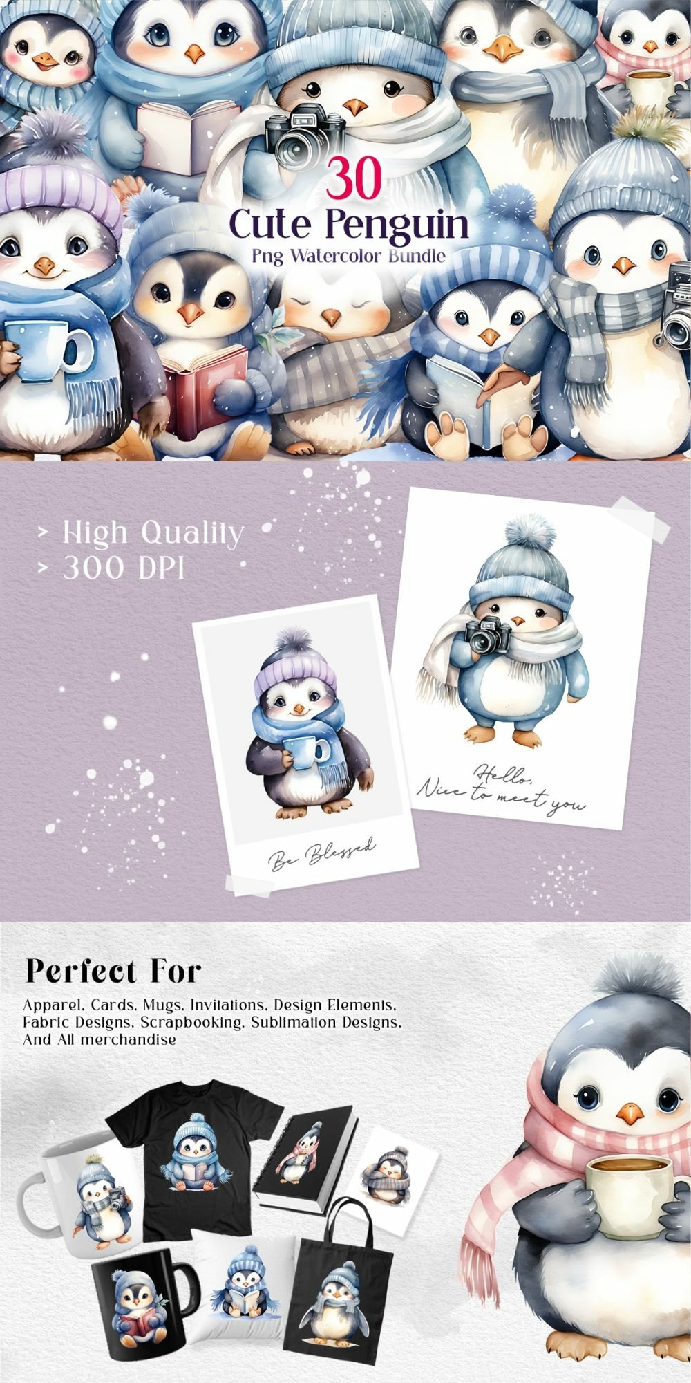 Cute Penguin Winter PNG Sublimation Clipart Bundle