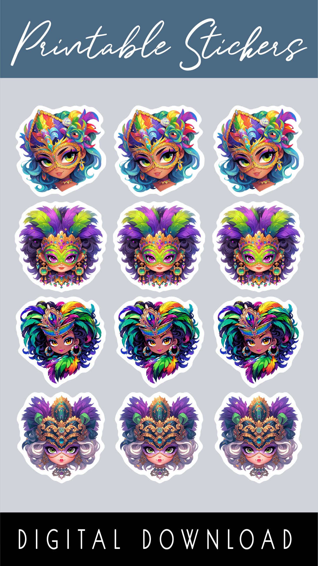 Mardi Gras PNG Stickers, Fashion Girl, Print and Cut Sticker
