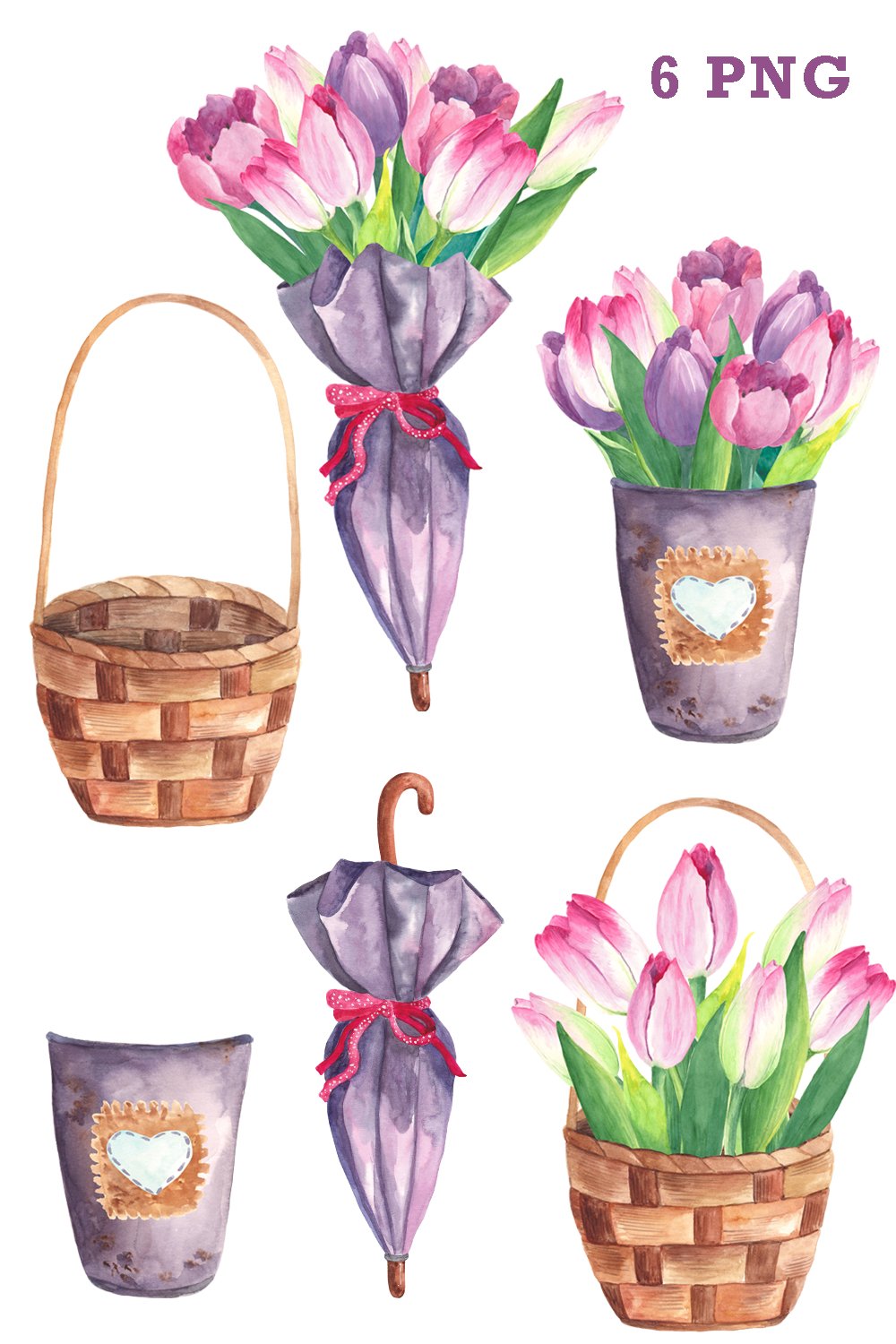 Watercolor Spring Pink and Purple Tulips Floral Clipart
