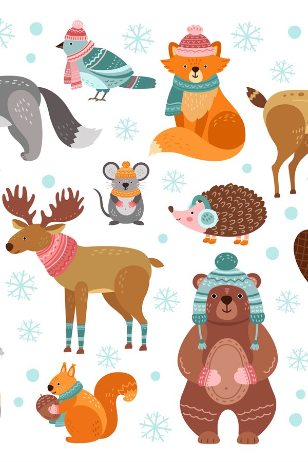 Winter animal characters. Style holiday animals, cute christ