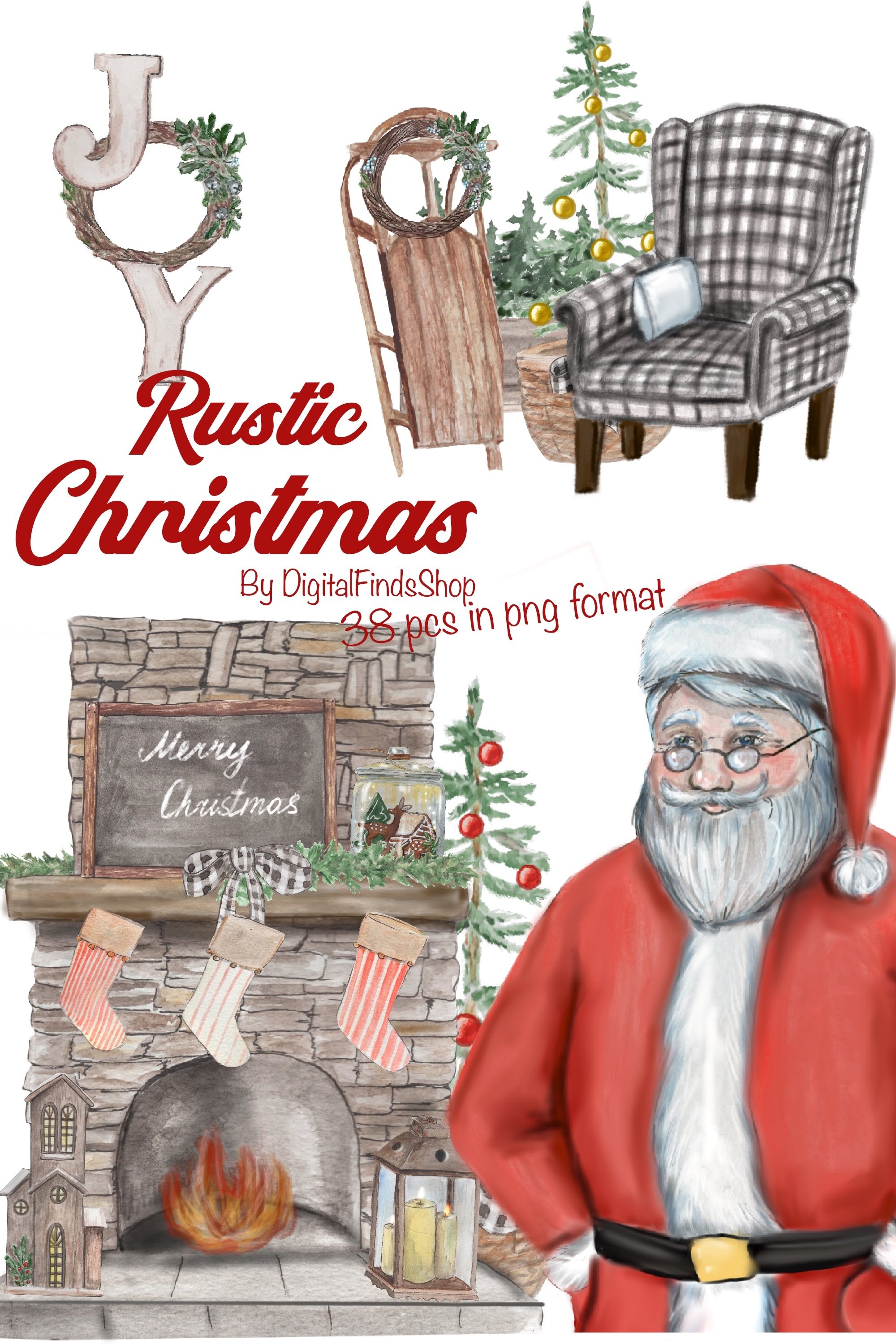 Rustic christmas clipart- watercolor farmhouse clipart