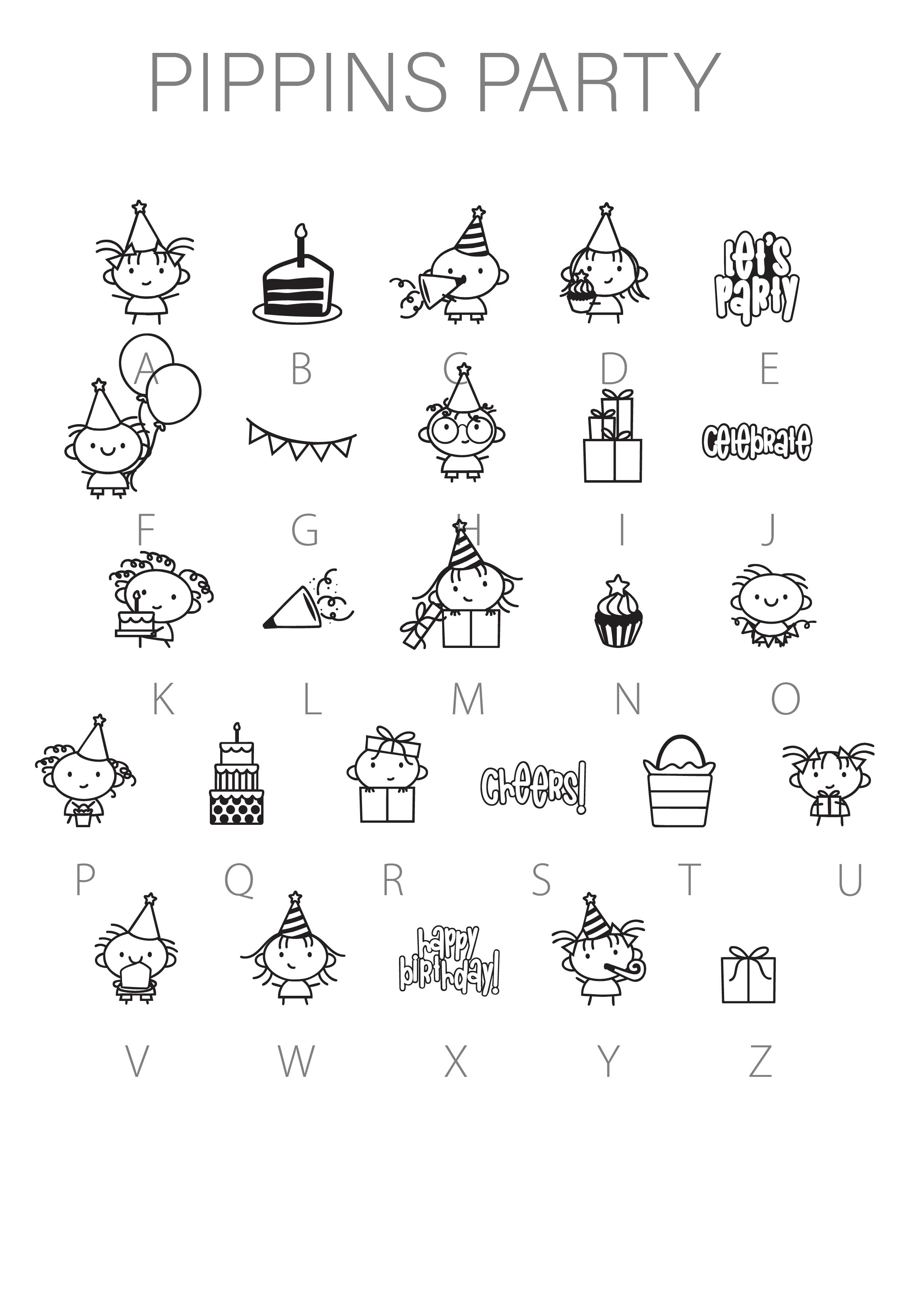 Pippins Dingbats w/ 26 stick figures throwing a party