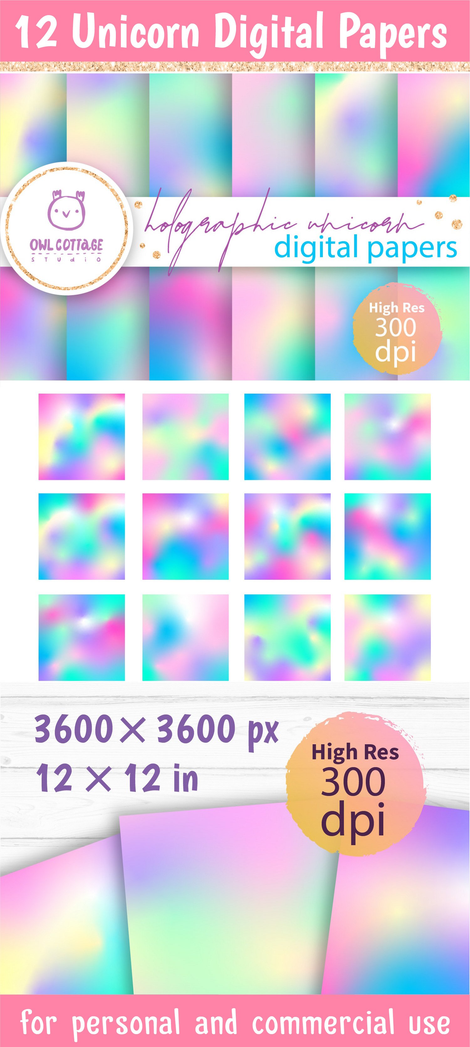 Holographic Digital Papers, Iridescent Unicorn Backgrounds,