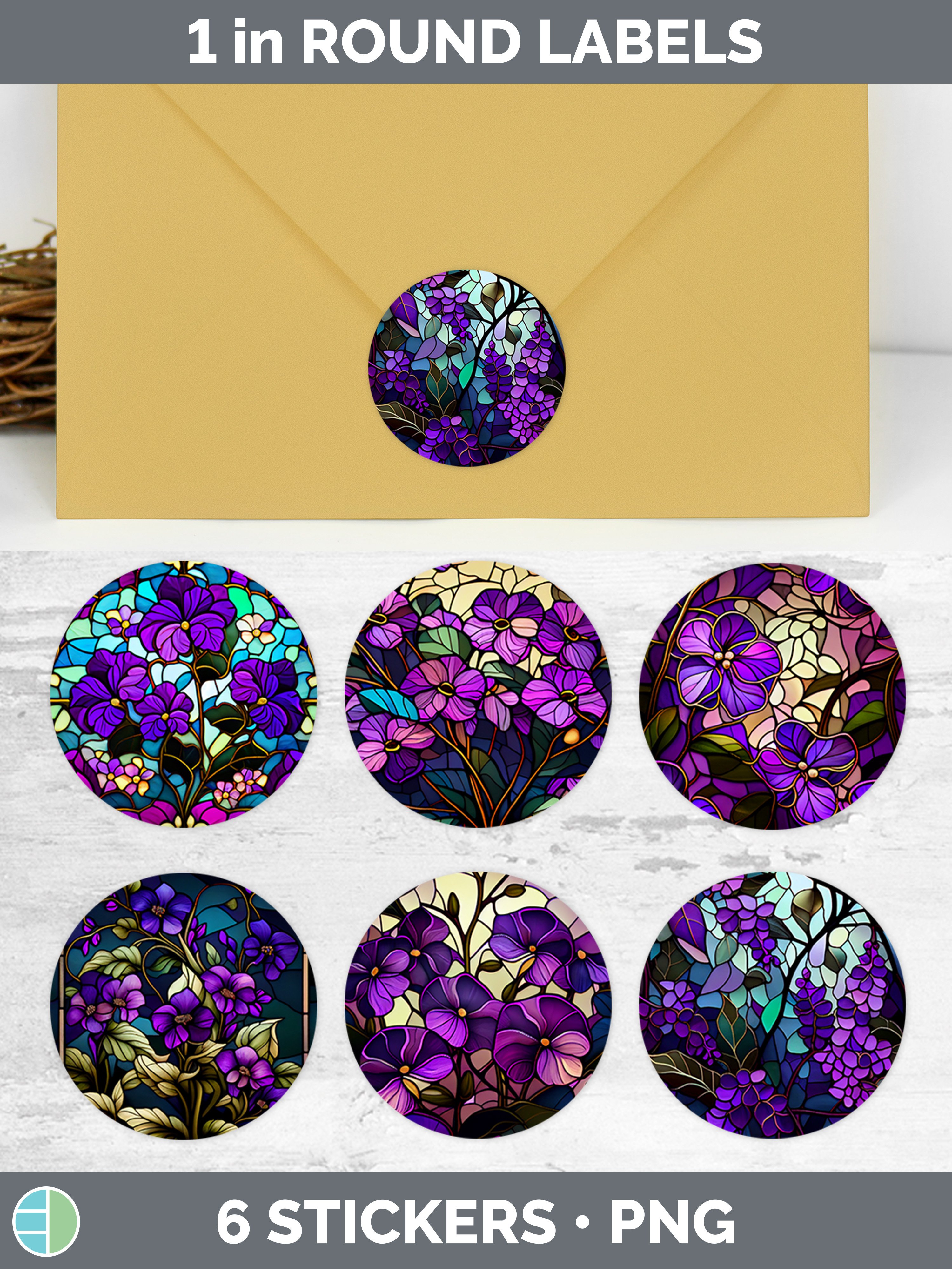 Stained Glass Violet Flowers Stickers | Round Labels Designs