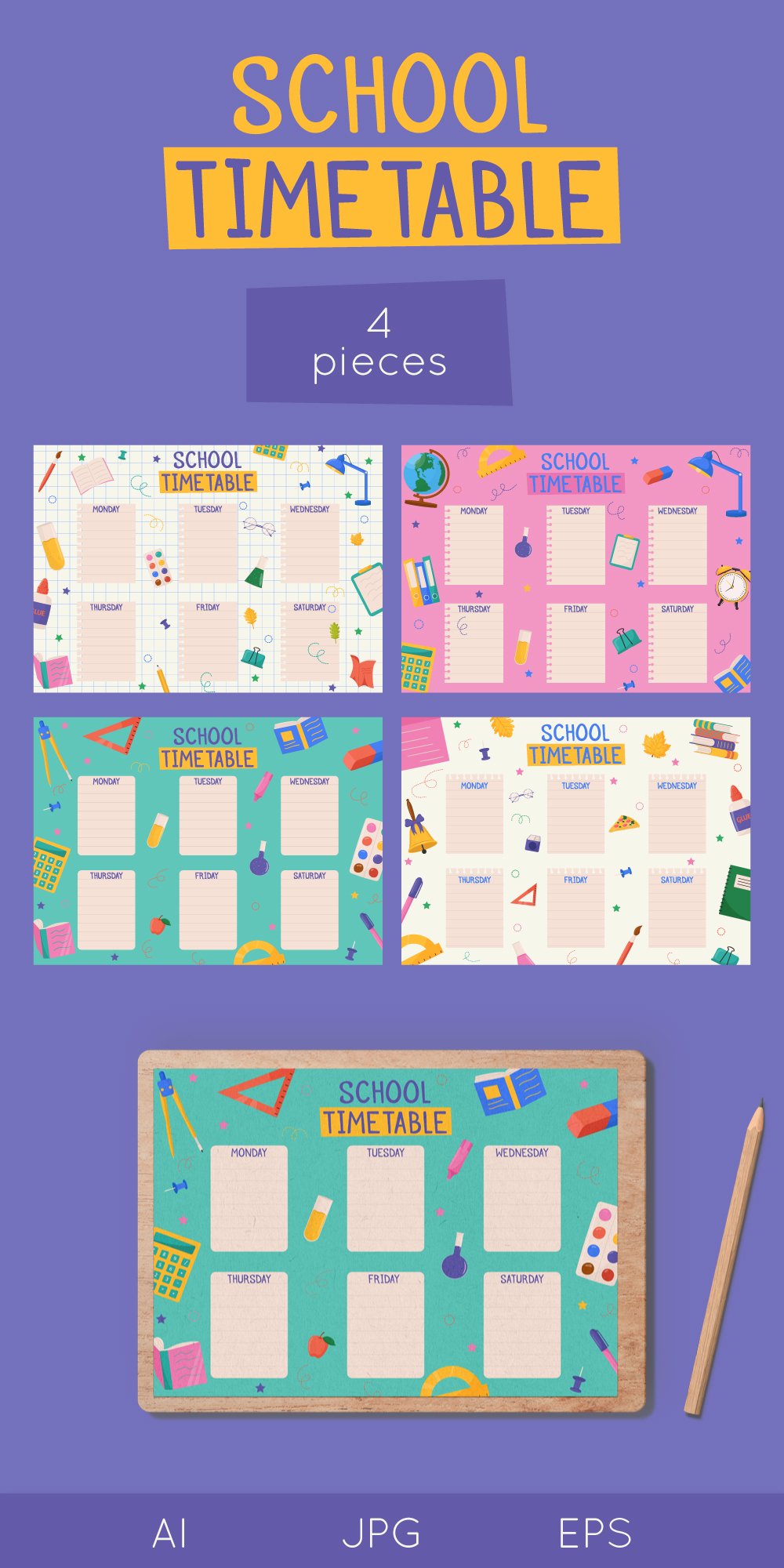 Back to school timetable. School schedule. Weekly planner