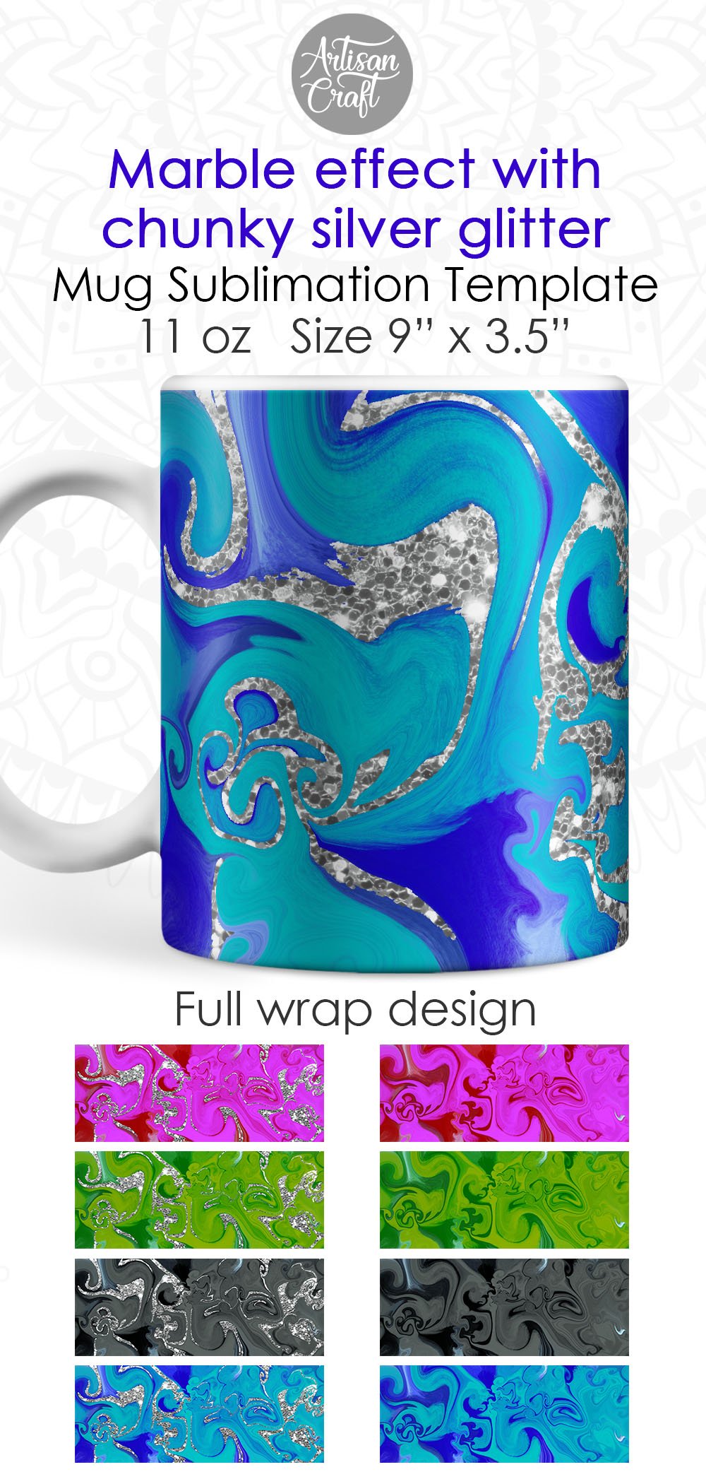 Sublimation mug design with fluid art and silver glitter