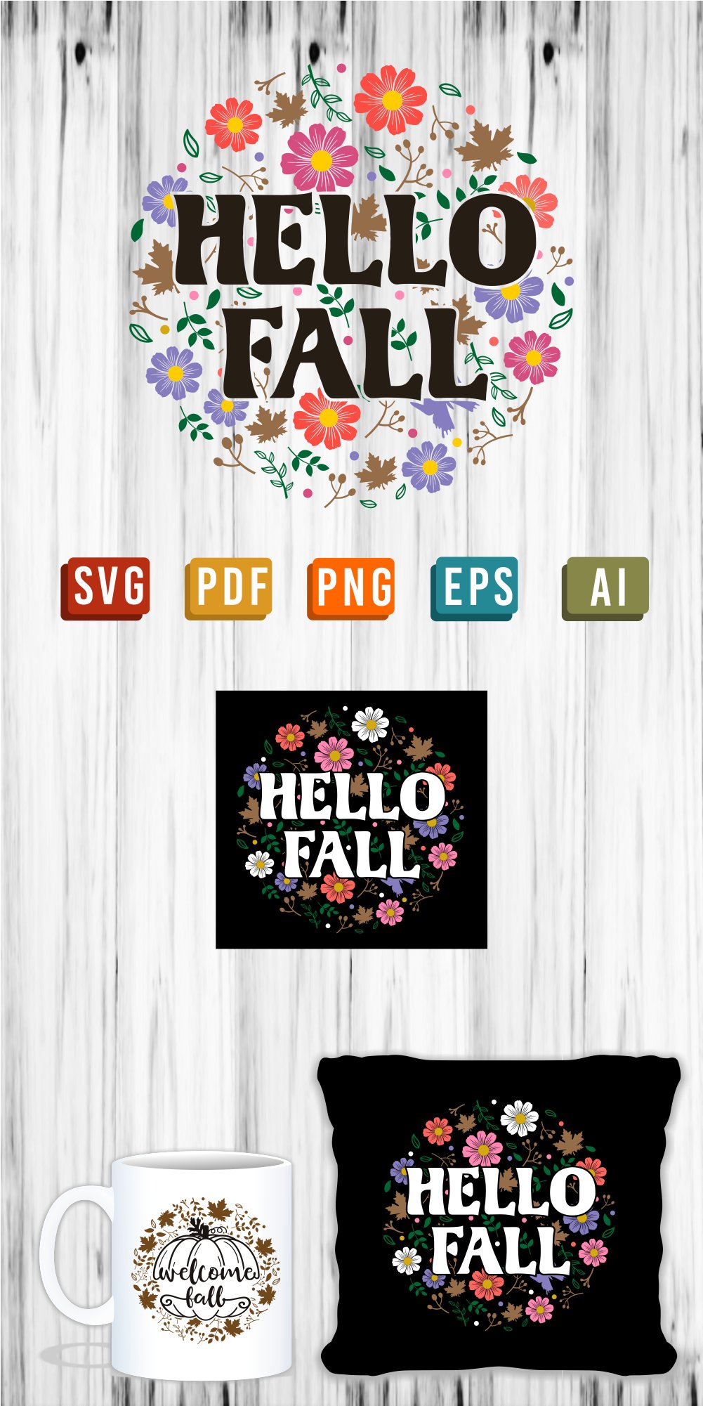 Hello Fall Flowers SVG, Fall Sublimation Designs