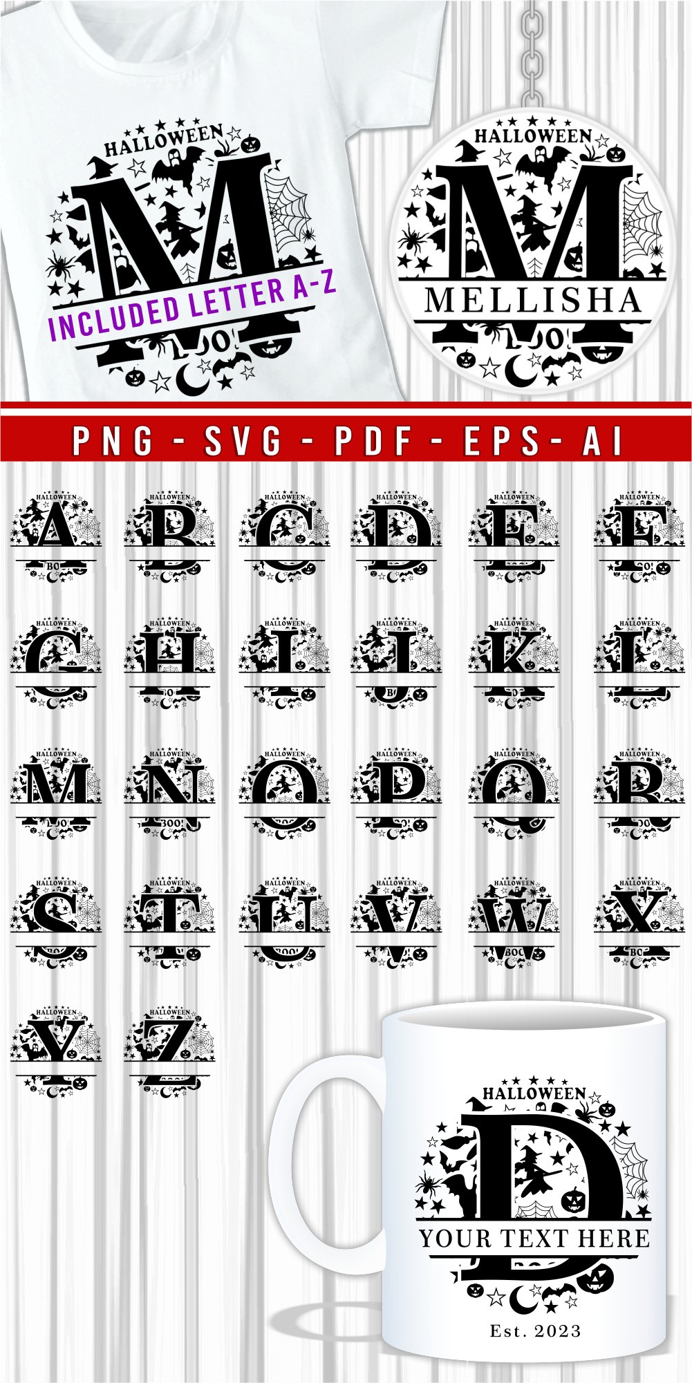 Halloween Split Alphabet Monogram Letters, Halloween t shirt