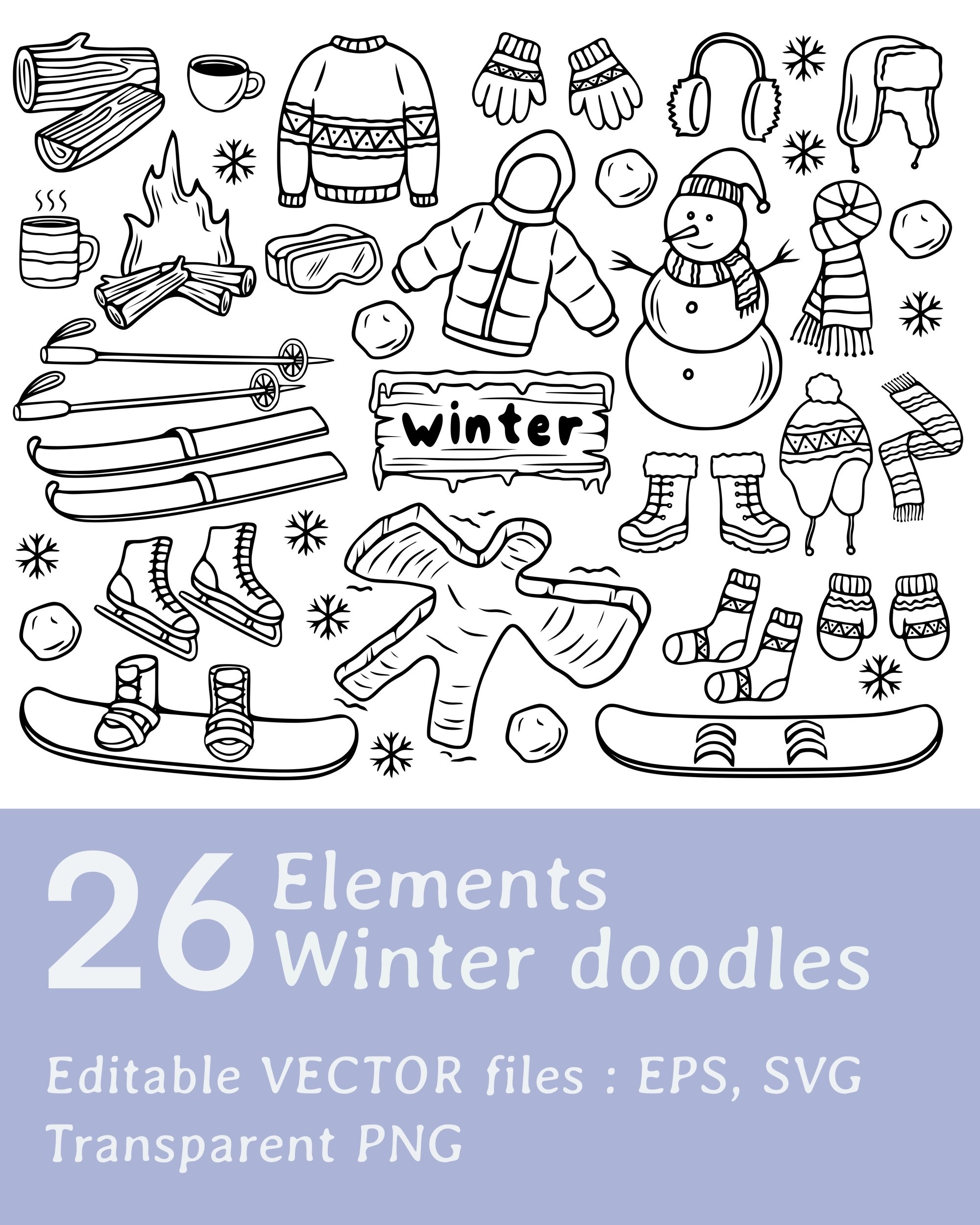 Winter line art doodles vector set. Editable illustrations