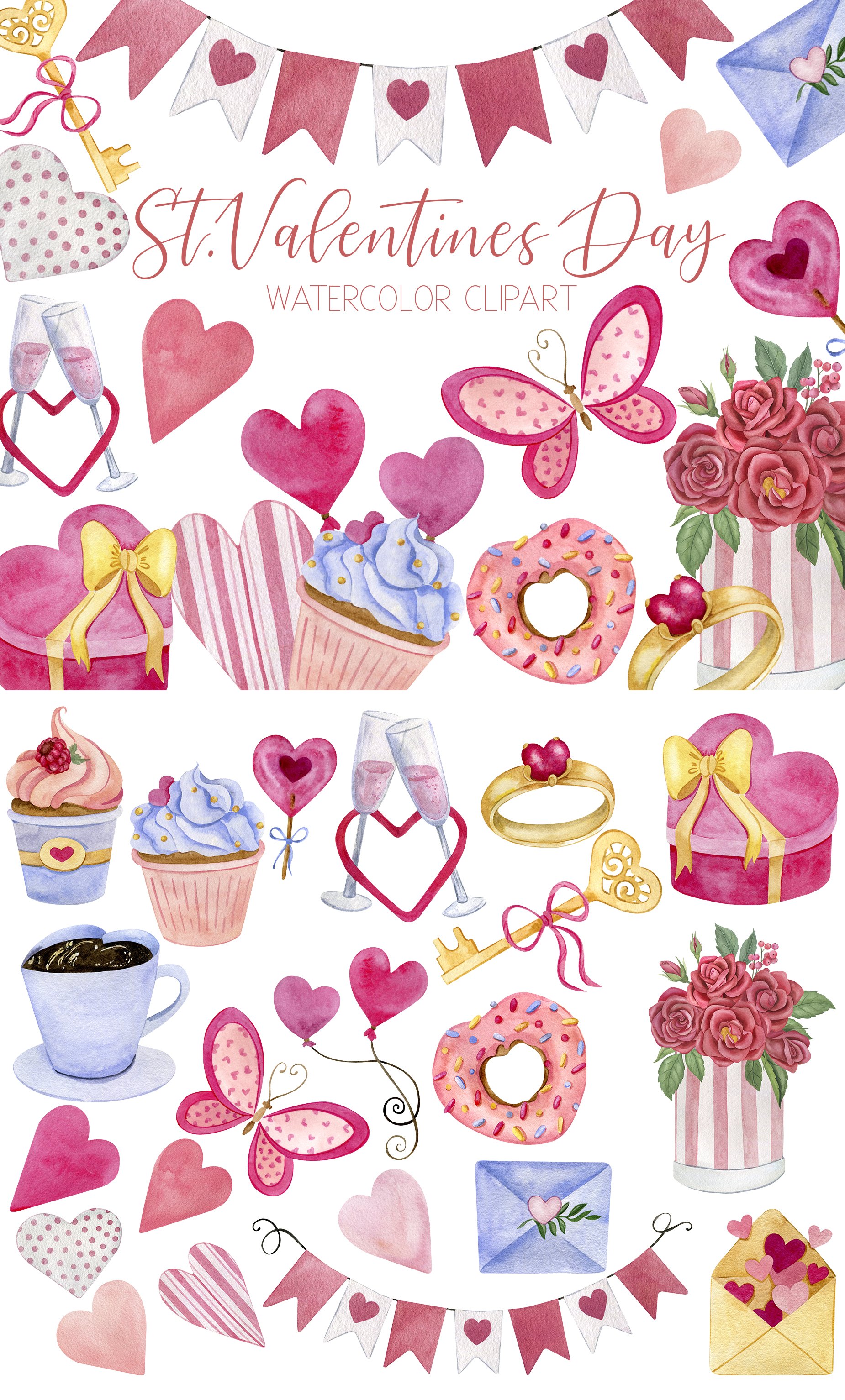 Valentine's Day Watercolor Clipart, hearts clipart, love png