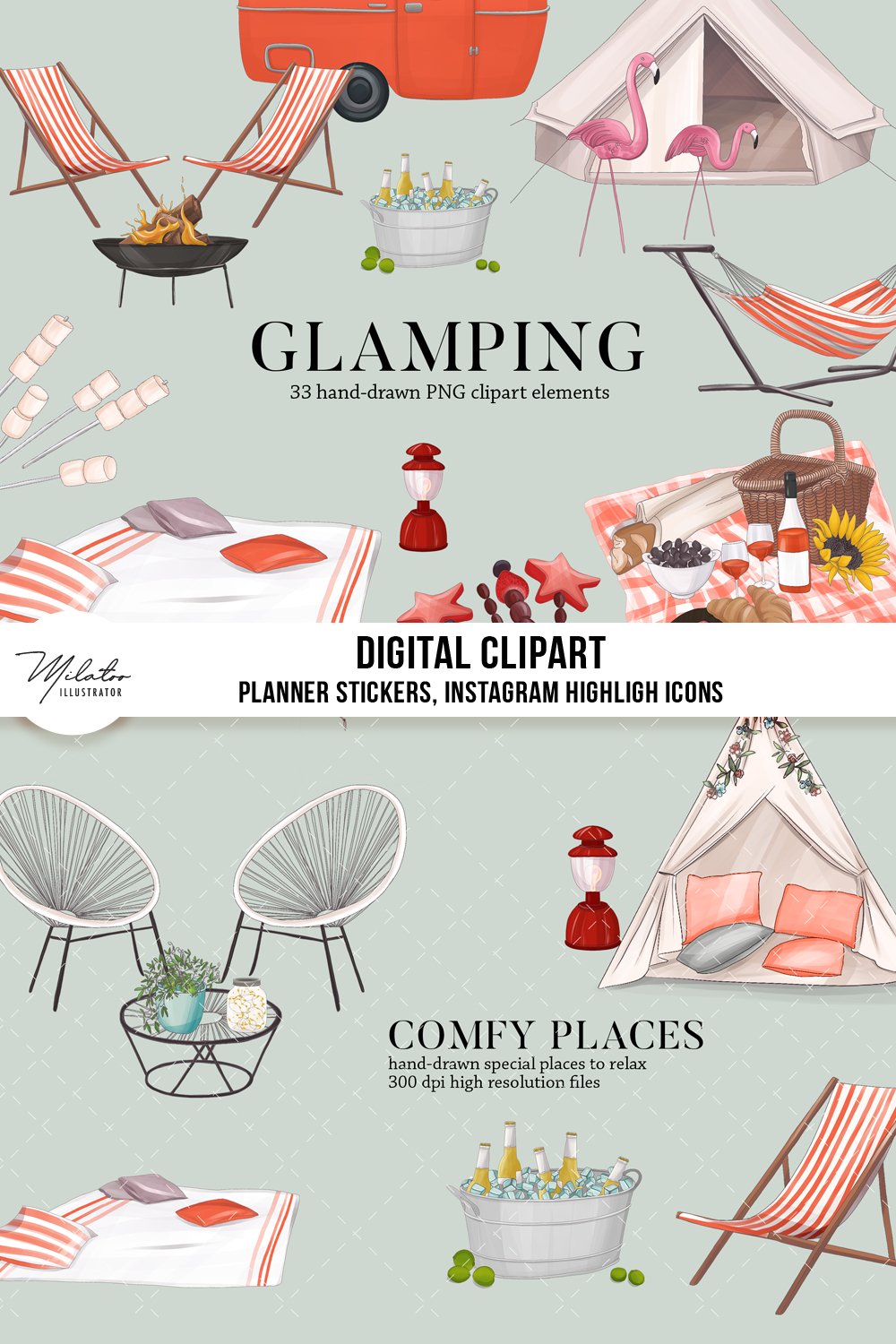Camping clipart set, camping stickers, travel icons set
