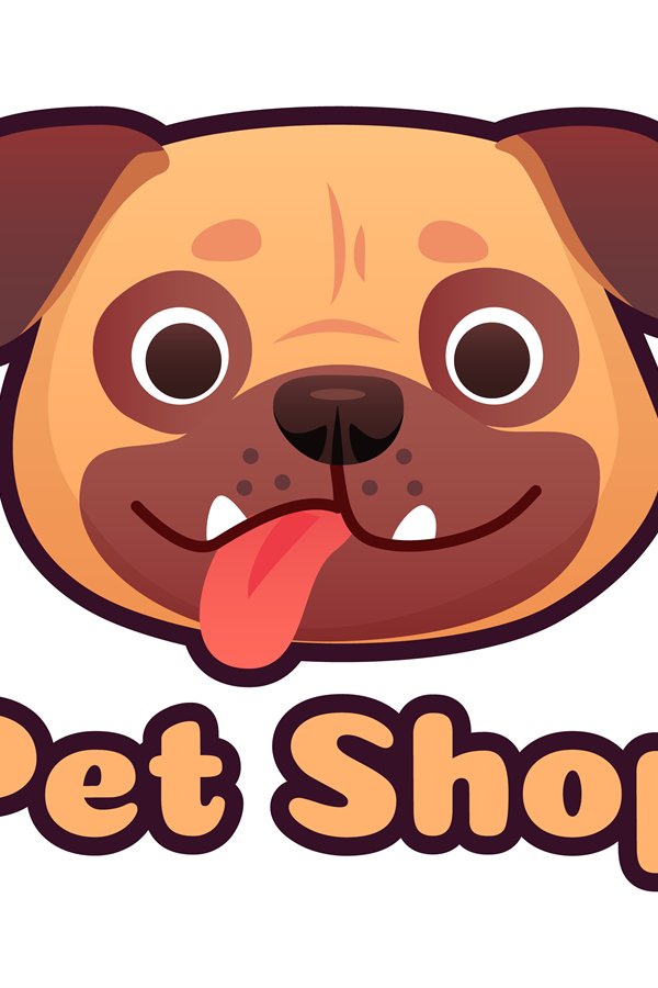 Pet shop logo design with pug face. Dog store selling goods